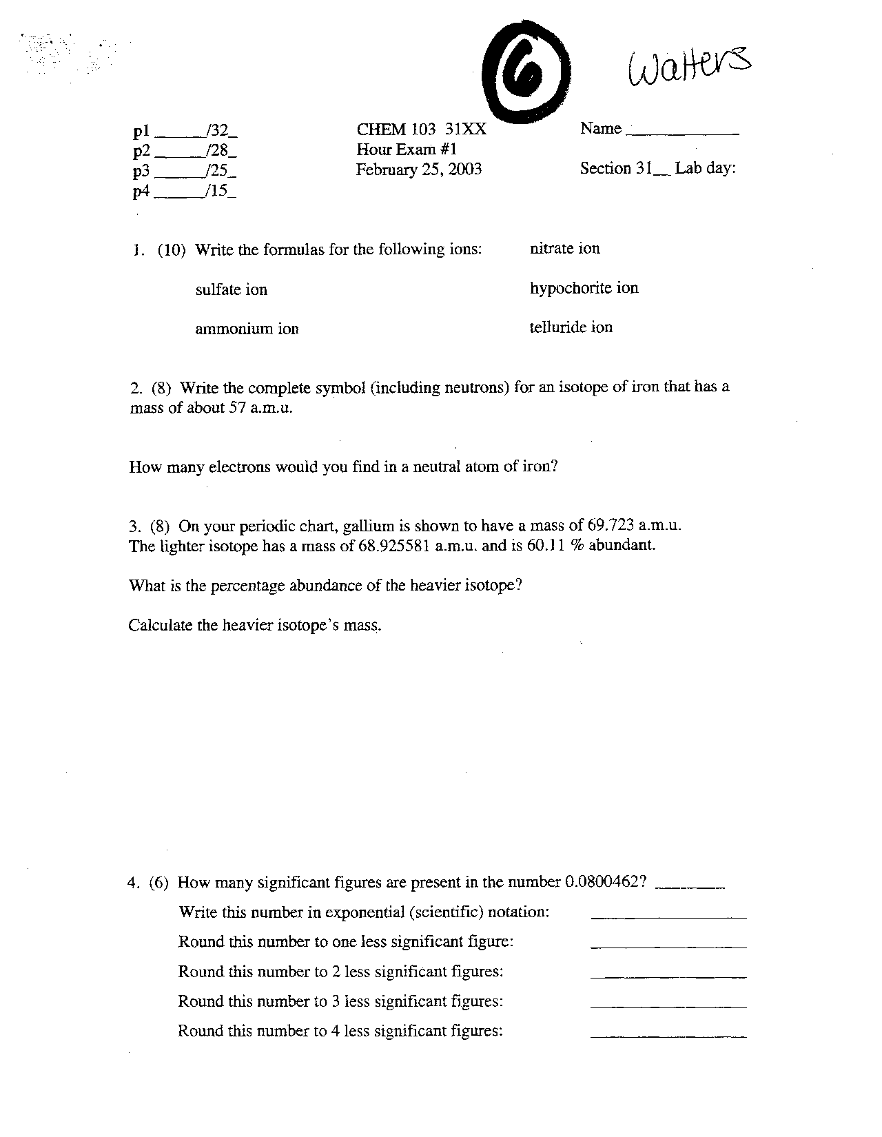 13 Questions In Exam 1 Chemistry Fundamentals I Chem 131 Docsity
