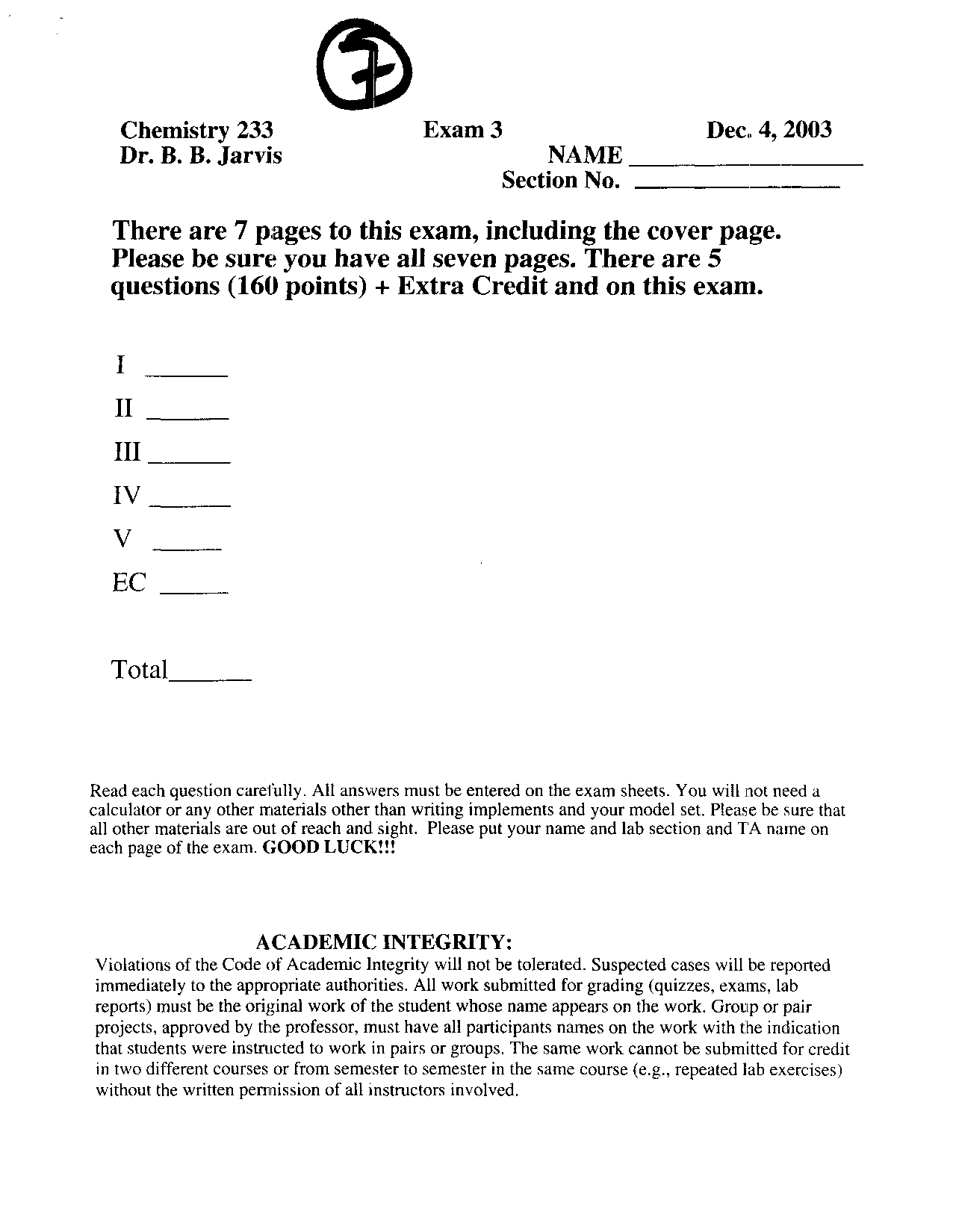 Exam 3 for Chemistry and Biochemistry | CHEM 233 - Docsity