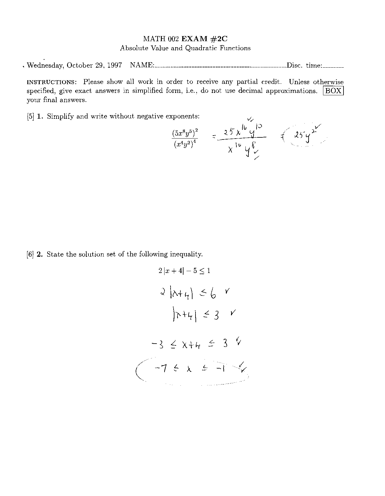 Exam 2c With Solutions - Developmental Mathematics | Math 003 - Docsity