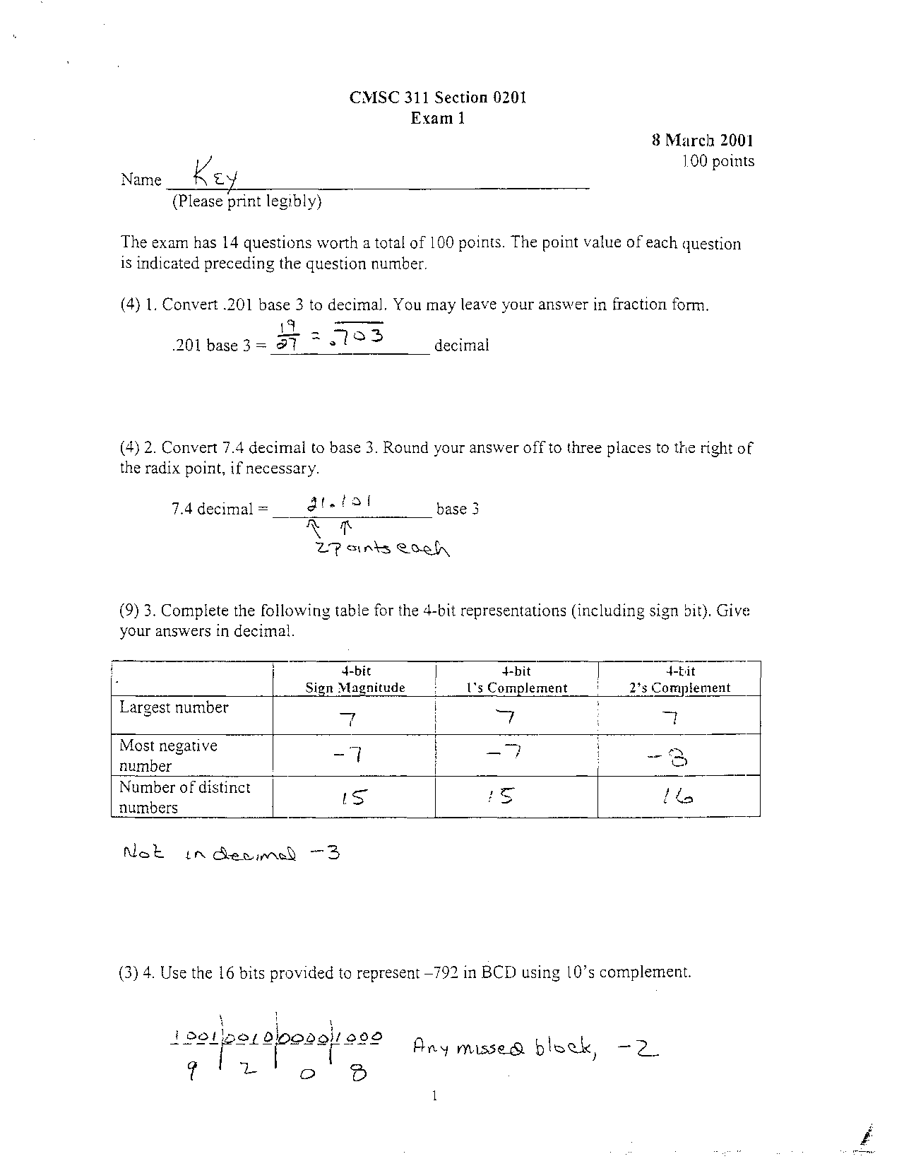 Exam 1 With Answer Key Computer Organization Cmsc 311 Docsity