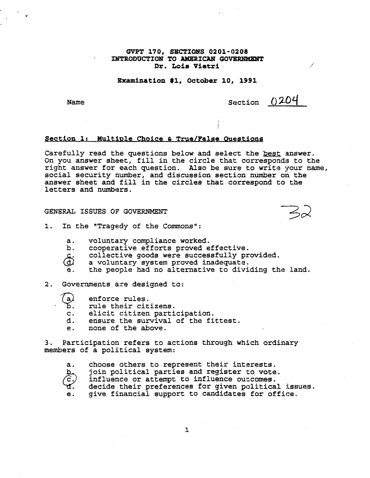 Exam 1 - Introduction to American Government | GVPT 170 - Docsity