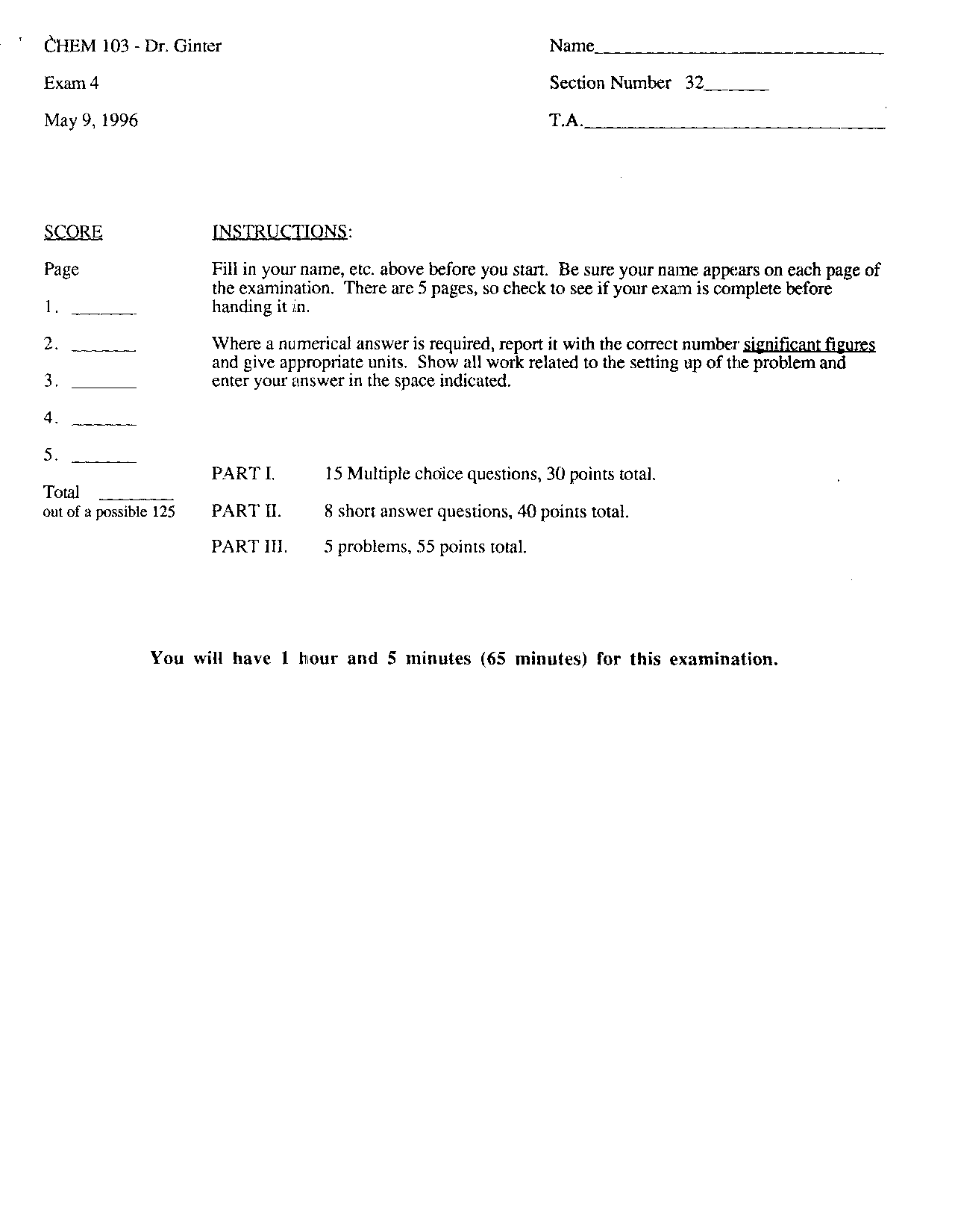 Old Exam Questions For Chemical Fundamentals I Chem 131 Docsity