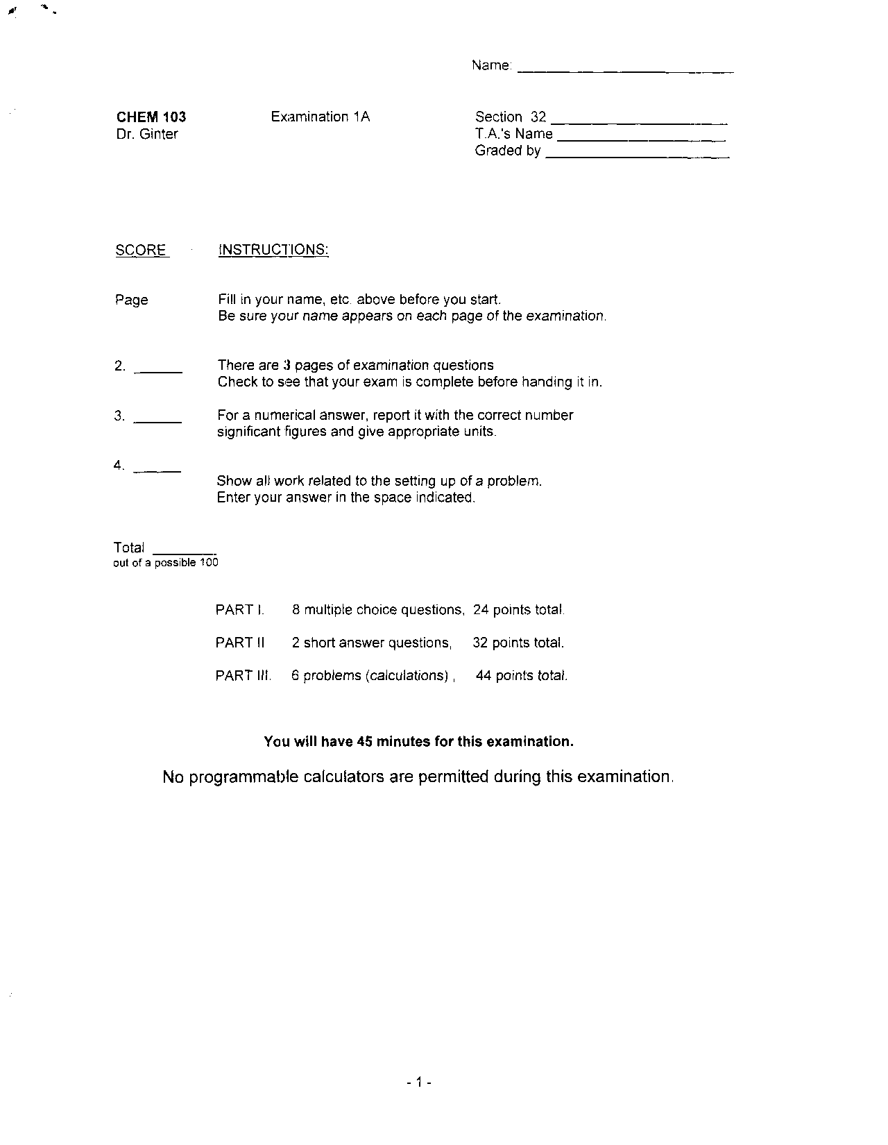 Exam 1 A With Multiple Choice Questions Chemistry Fundamentals I