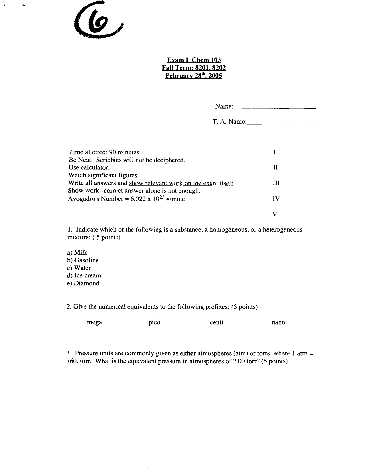 20 Questions Exam 1 Fundamental Chemistry Chem 131 Docsity