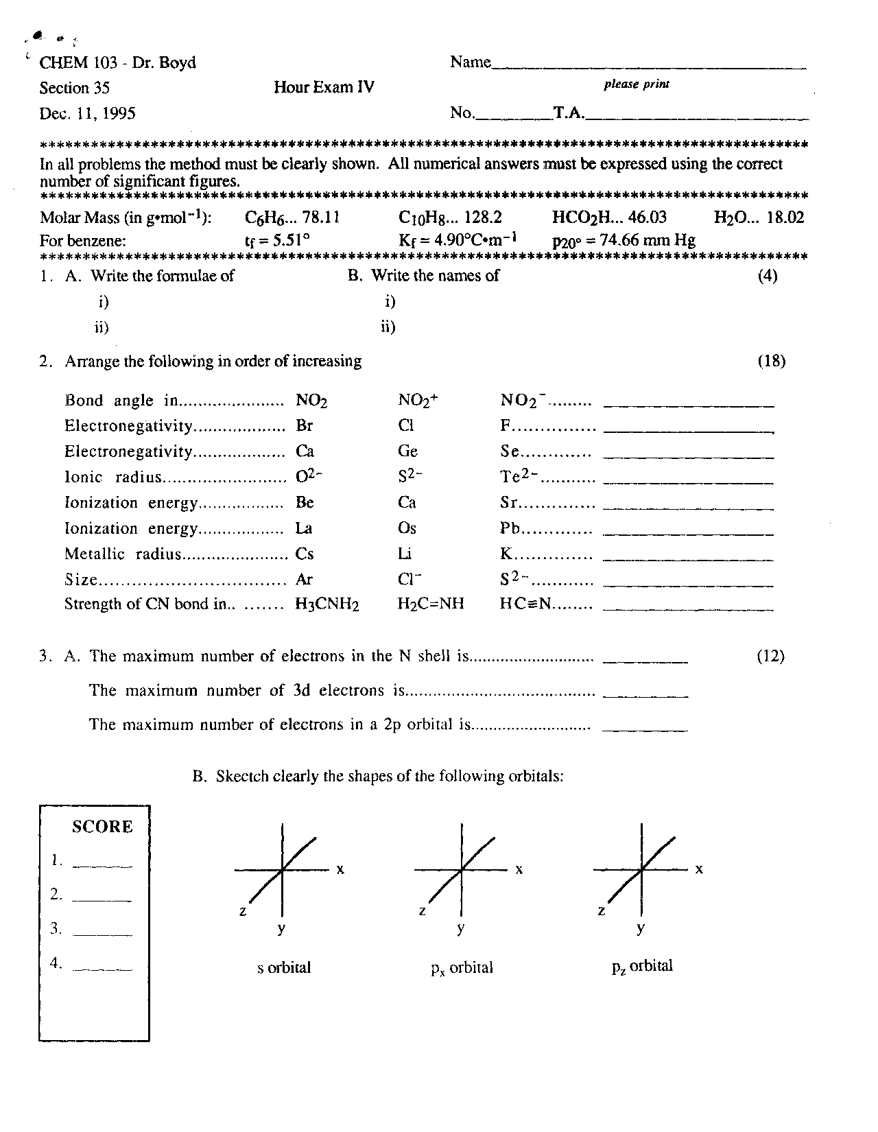 Exam 4 for Chemistry Fundamentals - 1995 | CHEM 131 - Docsity