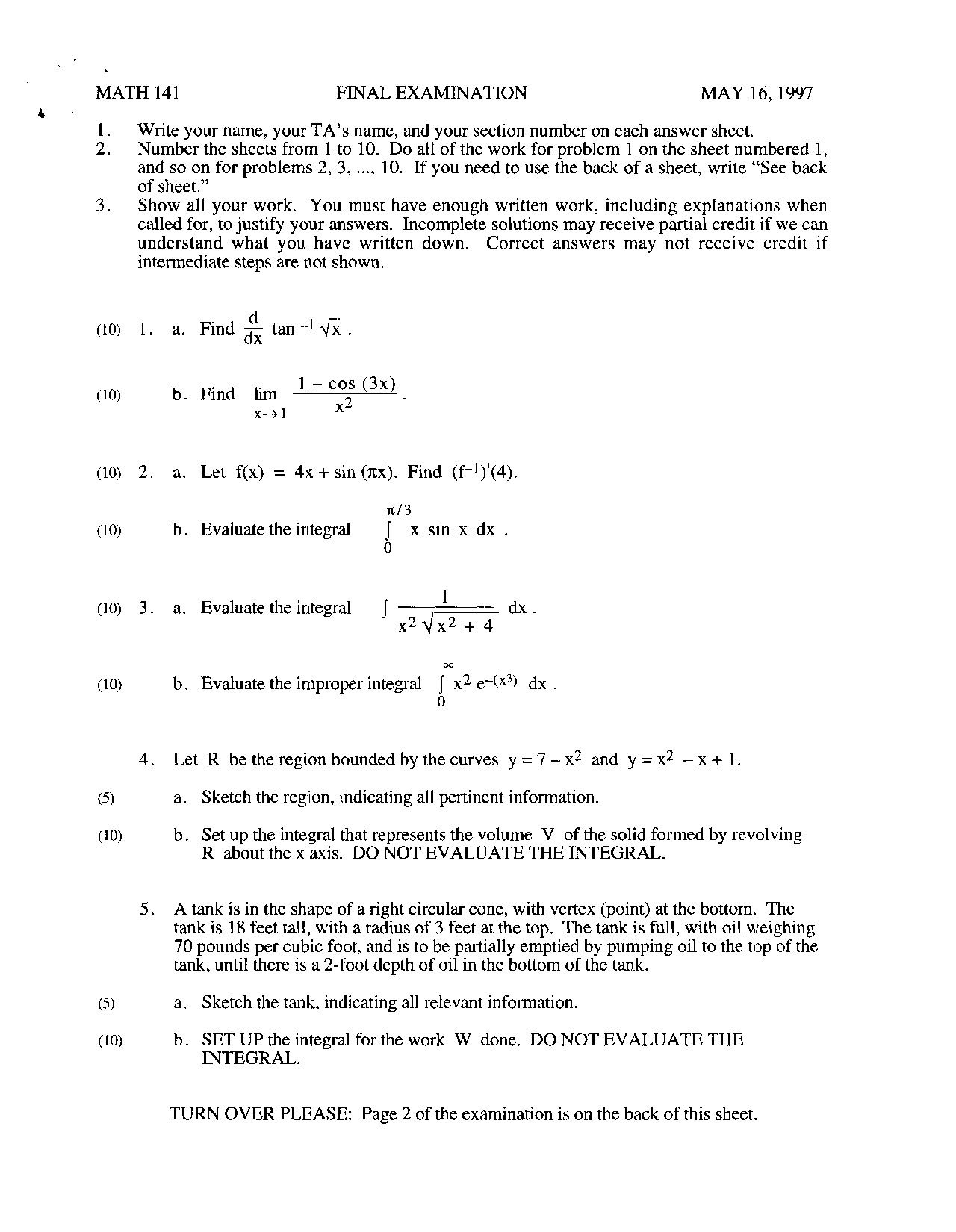 Final Examination With 10 Questions Calculus Ii Math 141 Docsity