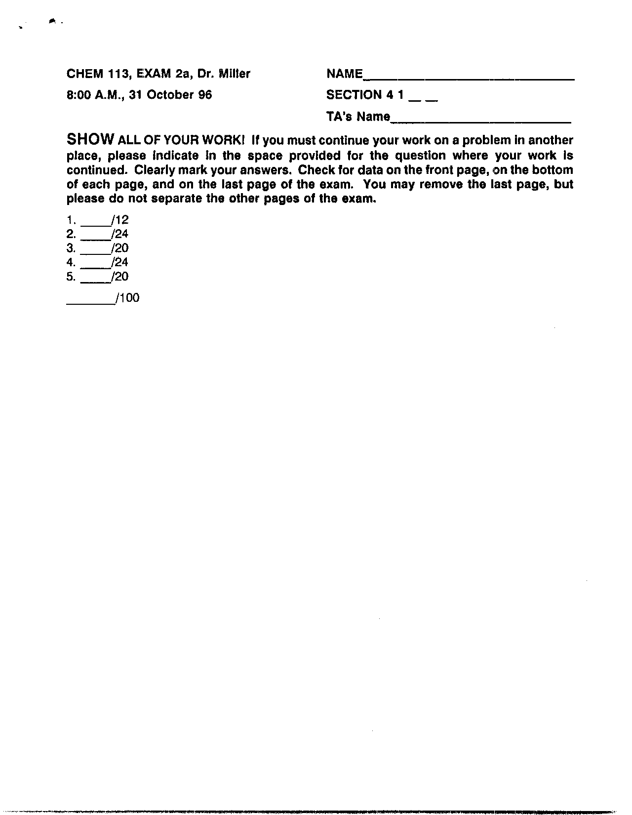 5 Questions Exam 2 Chemistry Fundamentals Ii Chem 271 Docsity