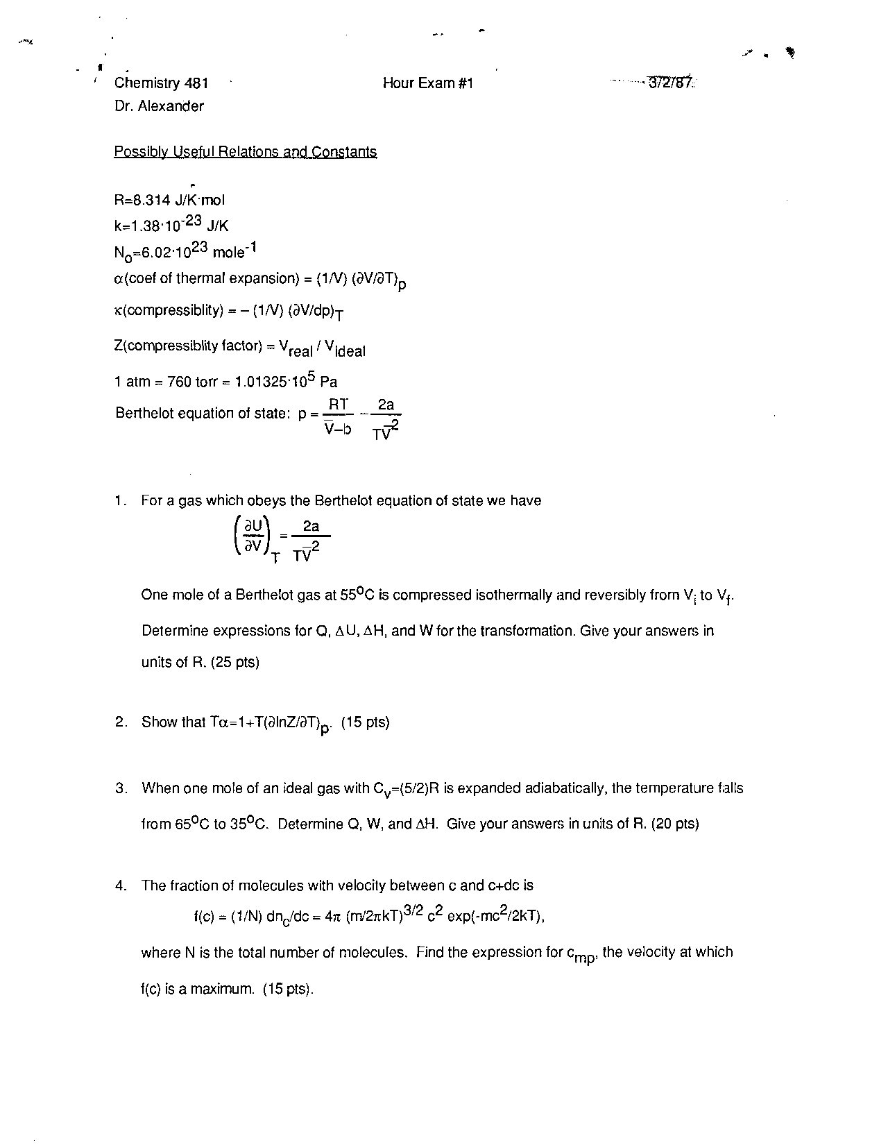 Berthelot Equation of State and Related Thermodynamic Properties - Prof ...