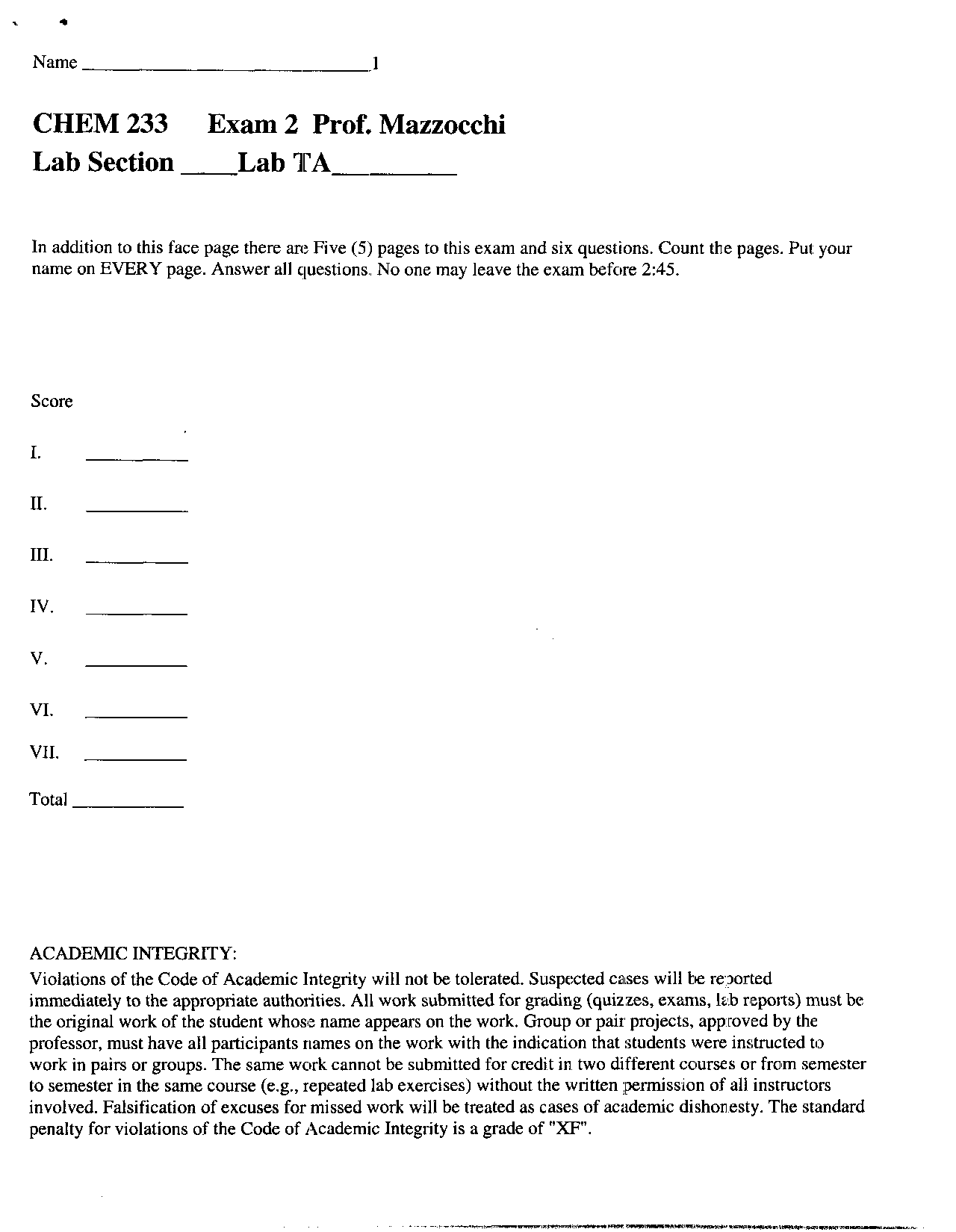 CHEM 233 Exam 2 - Organic Chemistry | Exams Chemistry | Docsity