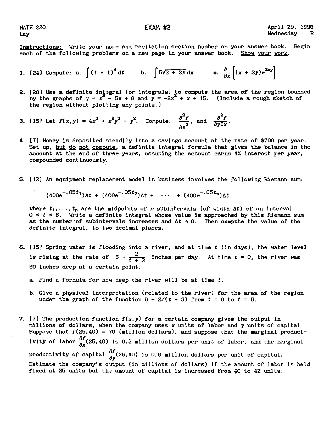 Exam 3 With 7 Questions For Elementary Calculus I Math 220 Docsity