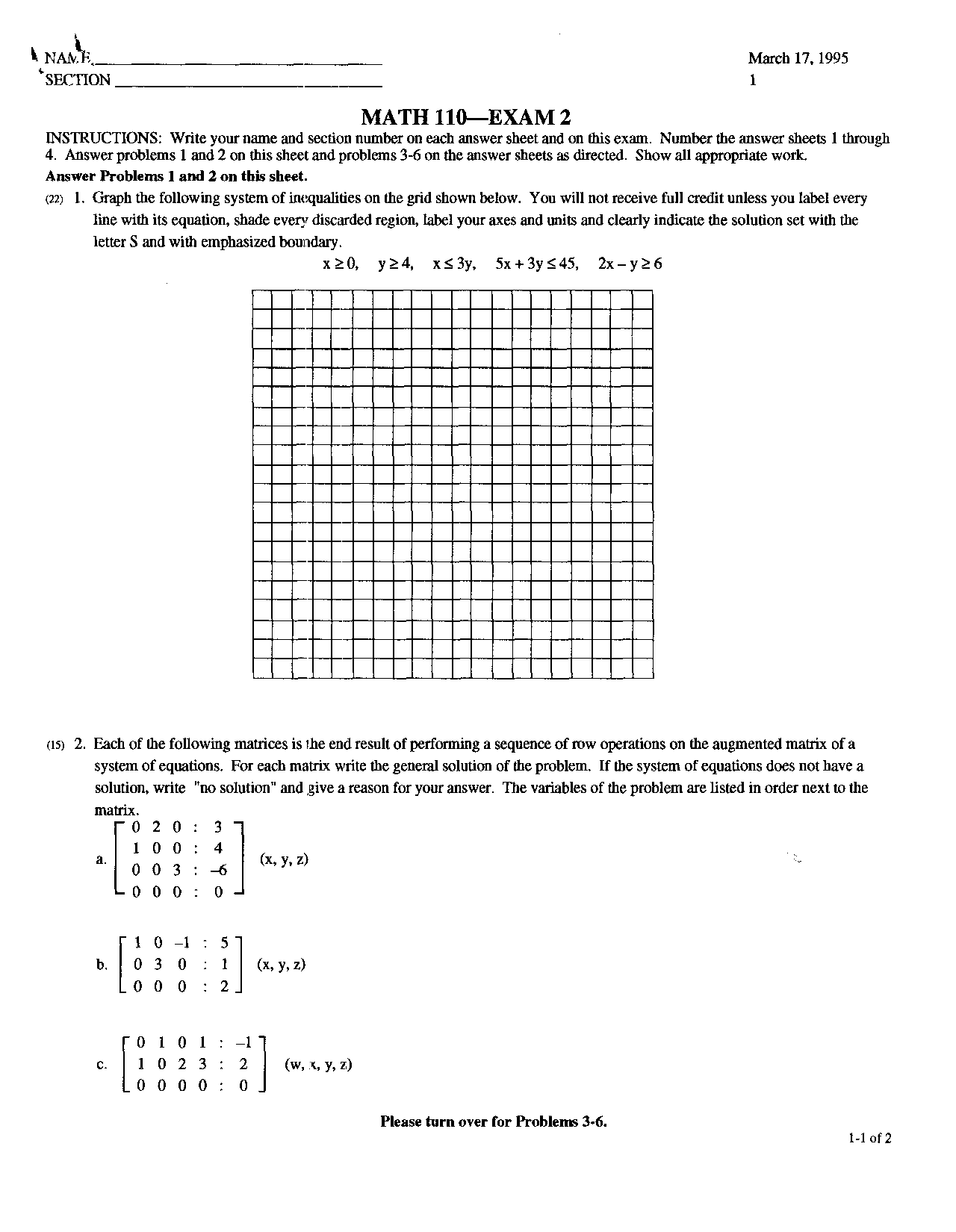 Exam 2 Question Paper Elementary Mathematical Models Math 110 Docsity