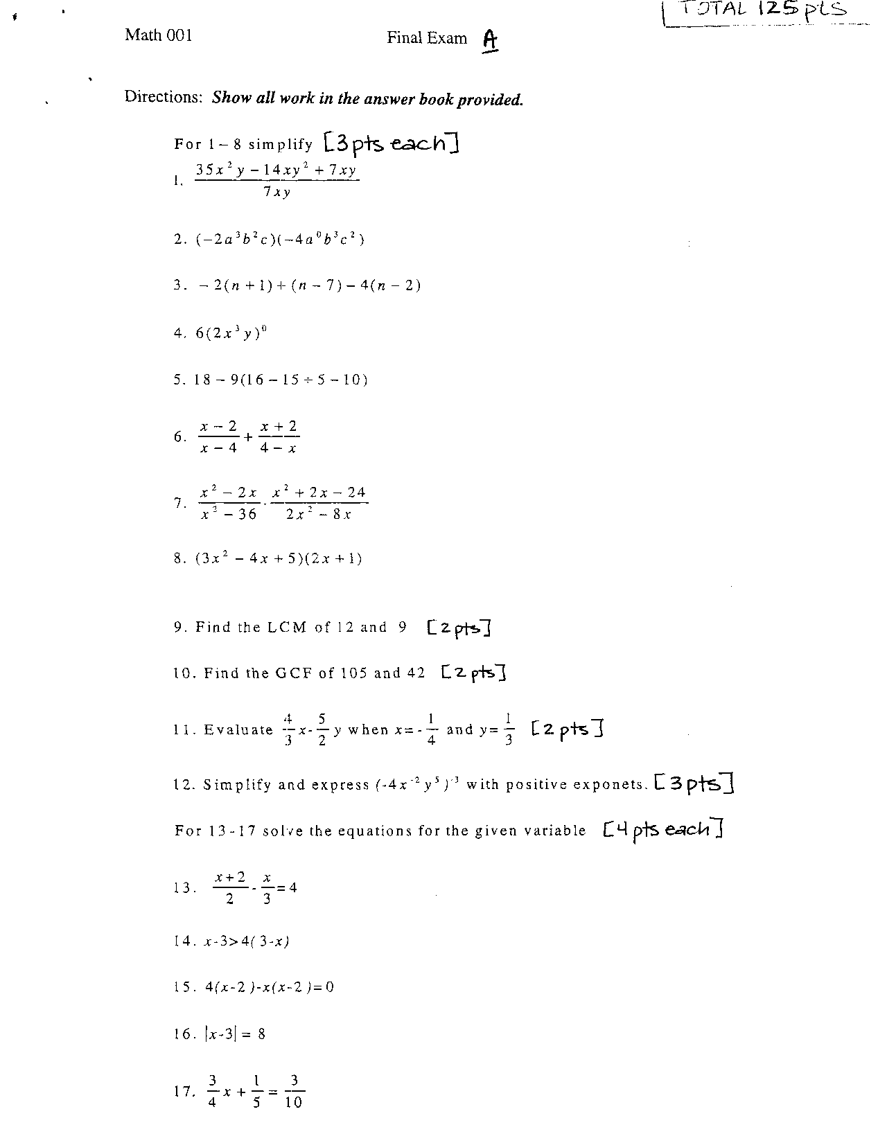 Final Exam A With Questions Developmental Mathematics Math 003
