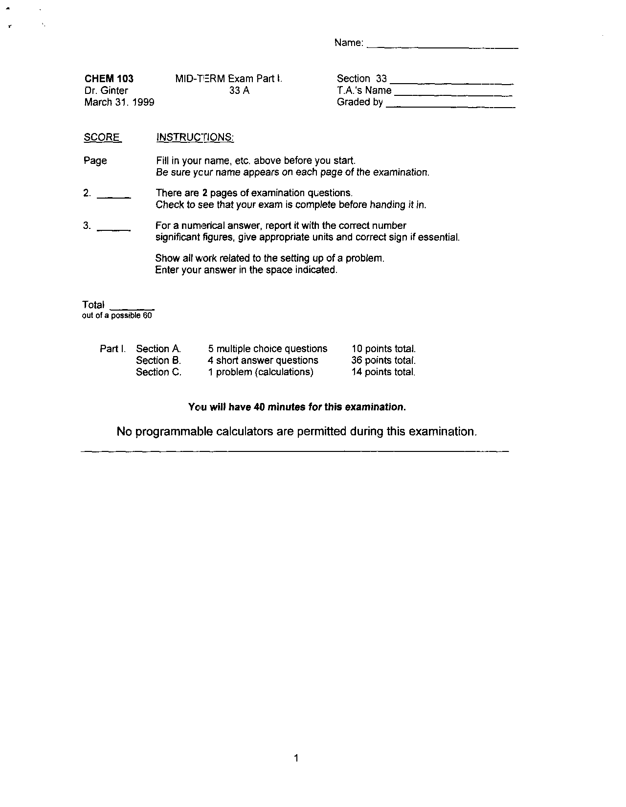 Midterm Exam For Fundamentals Of Chemistry I Chem 131 Docsity