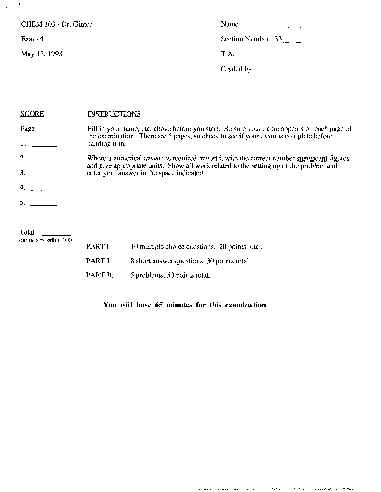 23 Questions On Chemical Fundamentals I Exam 4 Chem 131 Docsity