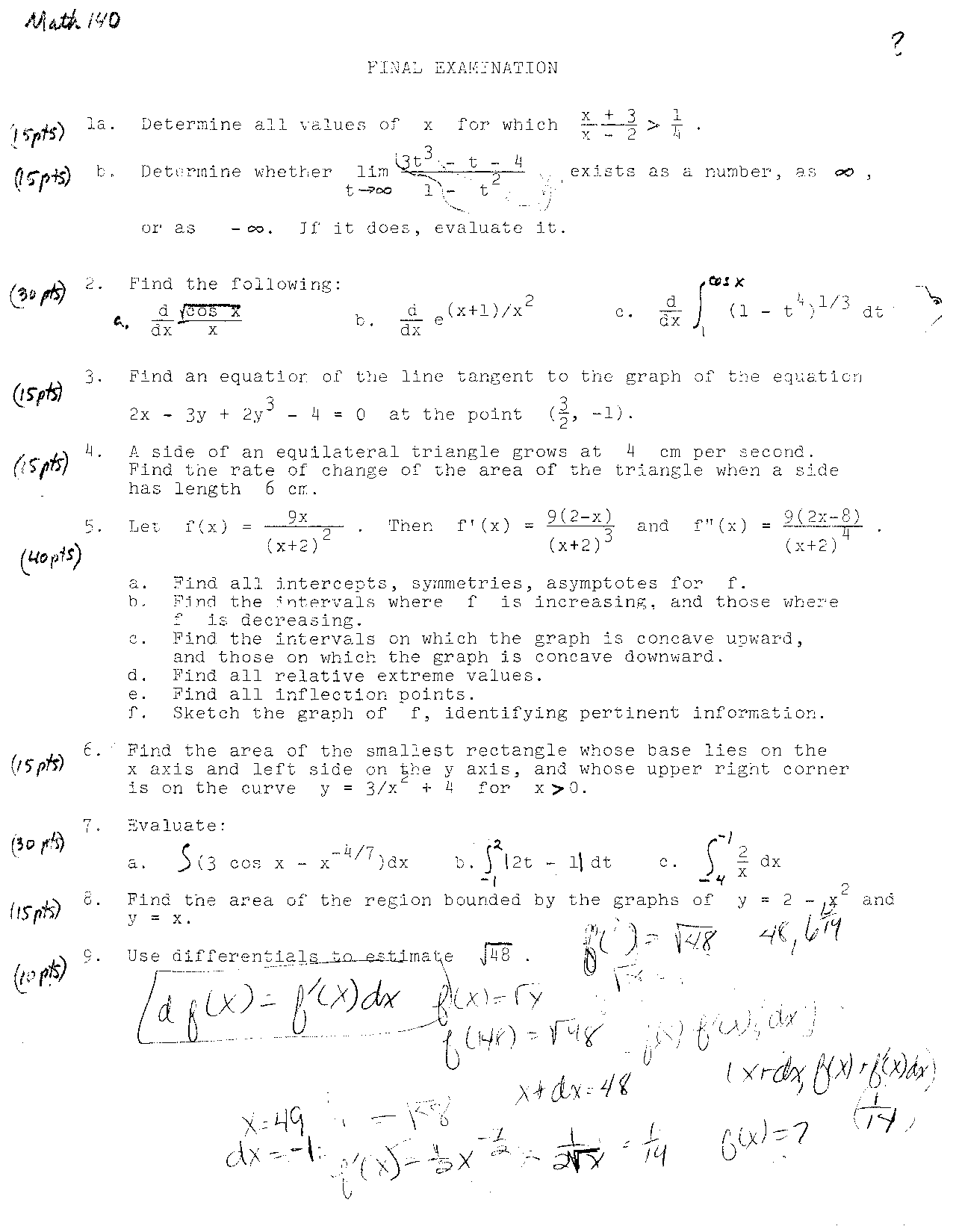 9 Questions Of Calculus I Final Examination Math 140 Docsity