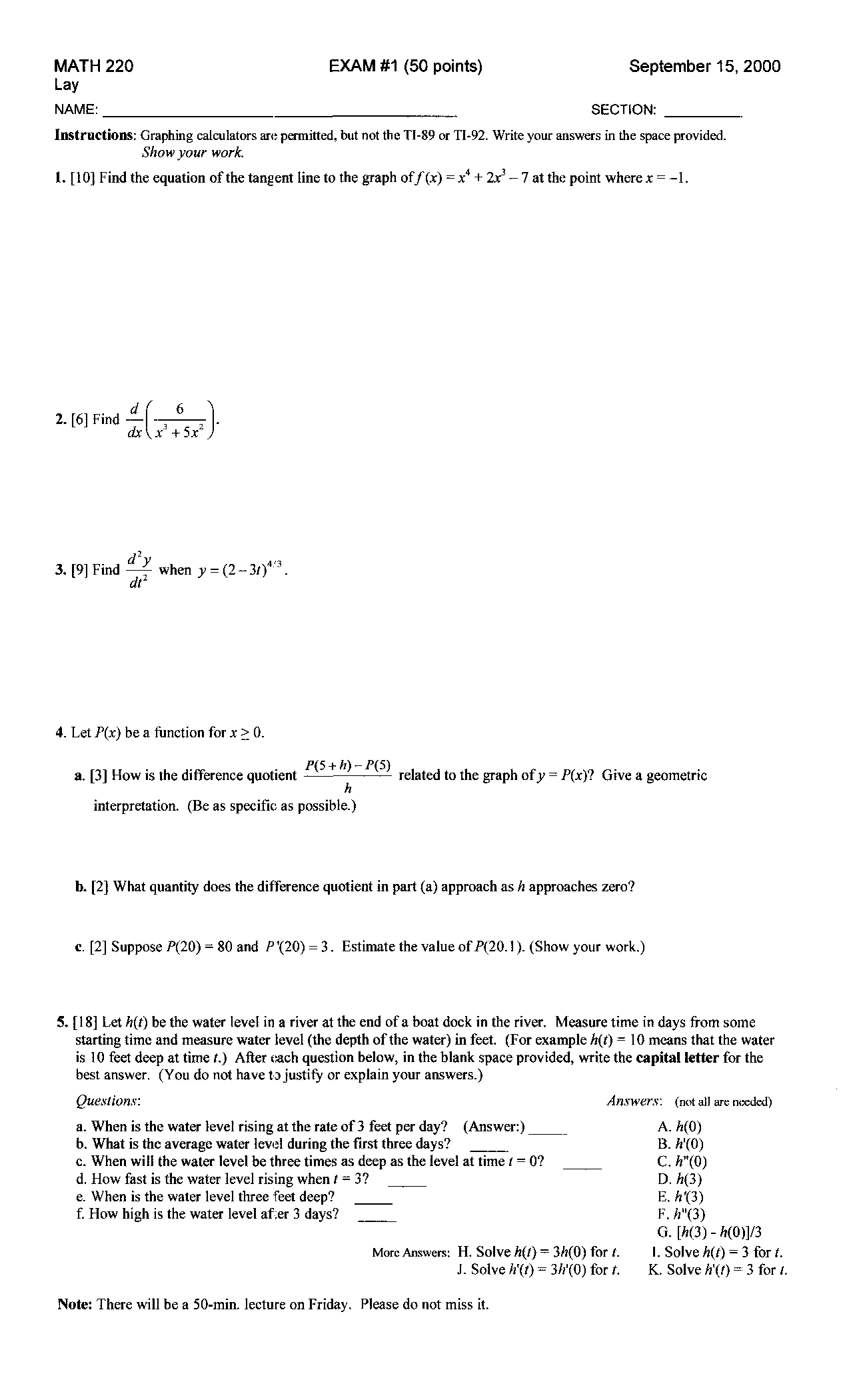 Exam 1 - Elementary Calculus I | MATH 220 - Docsity