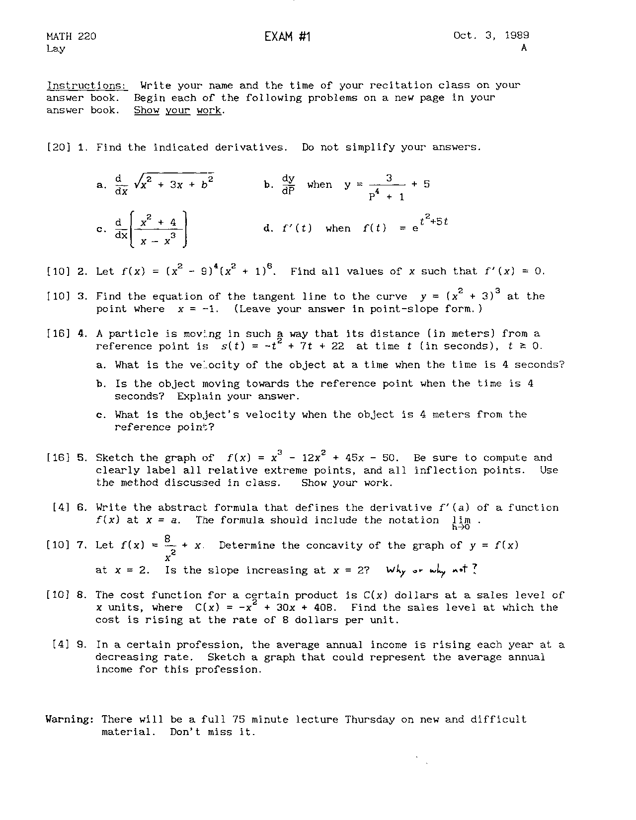9 Questions of Elemental Calculus I - Exam 1 - Fall 1998 | MATH 220 - Docsity