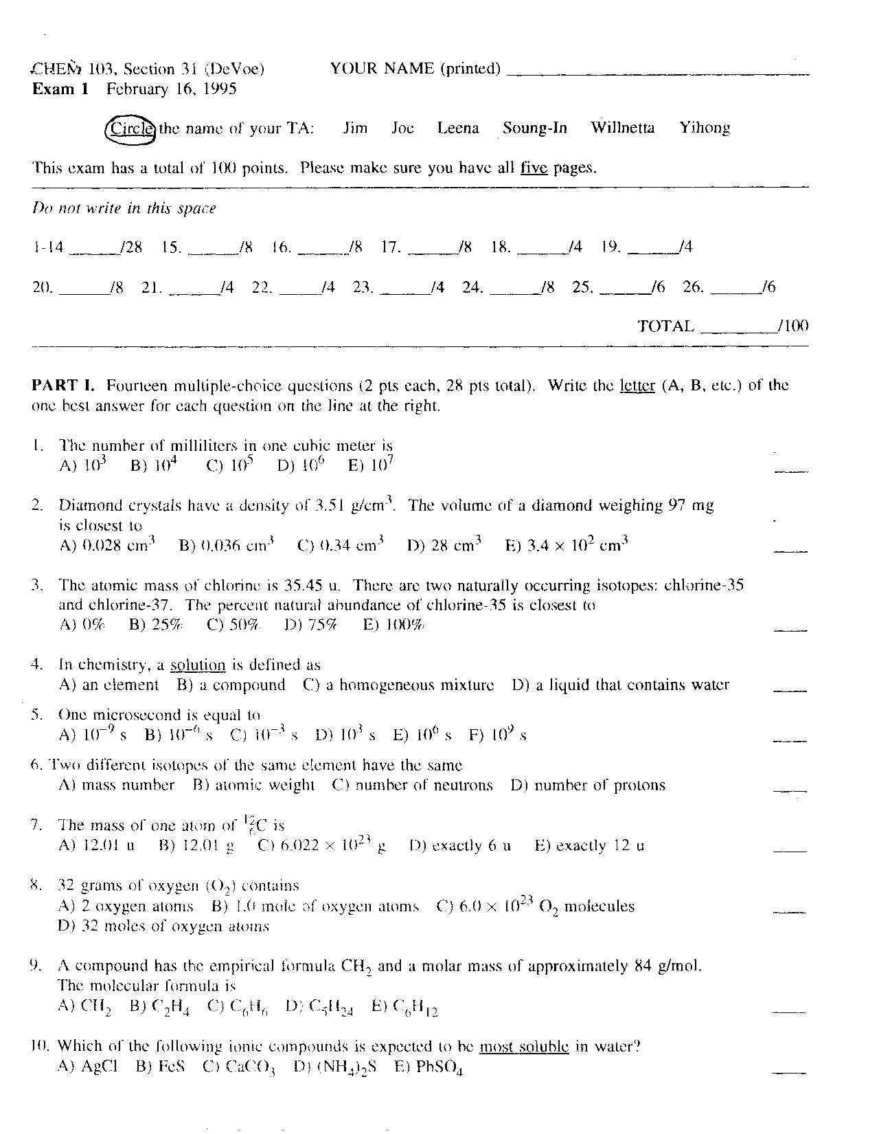 Exam 1 For Fundamentals Of Chemistry I Chem 131 Docsity