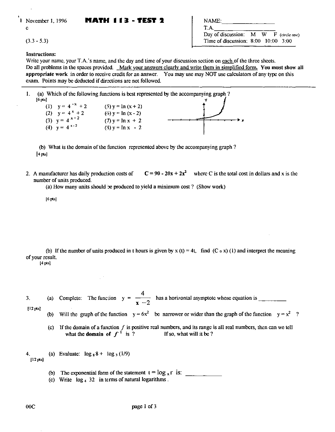 9 Questions in Exam 2 - College Algebra and Triangular | MATH 113 - Docsity
