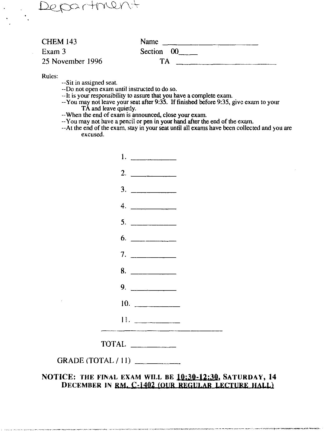 Exam 3 With 11 Questions Chemistry Fundamentals I Chem 131 Docsity