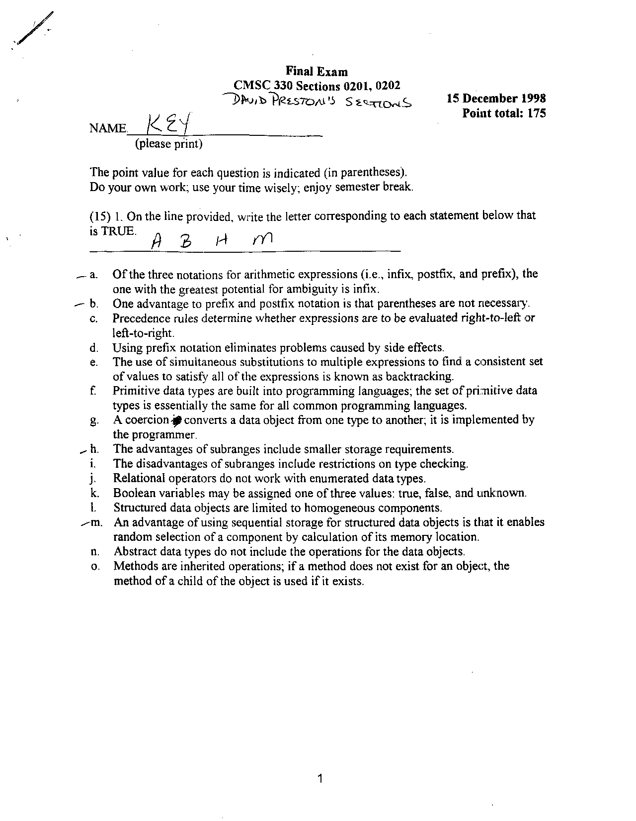 Final Exam With Solution Organizational Programming Languages Cmsc 330 Docsity