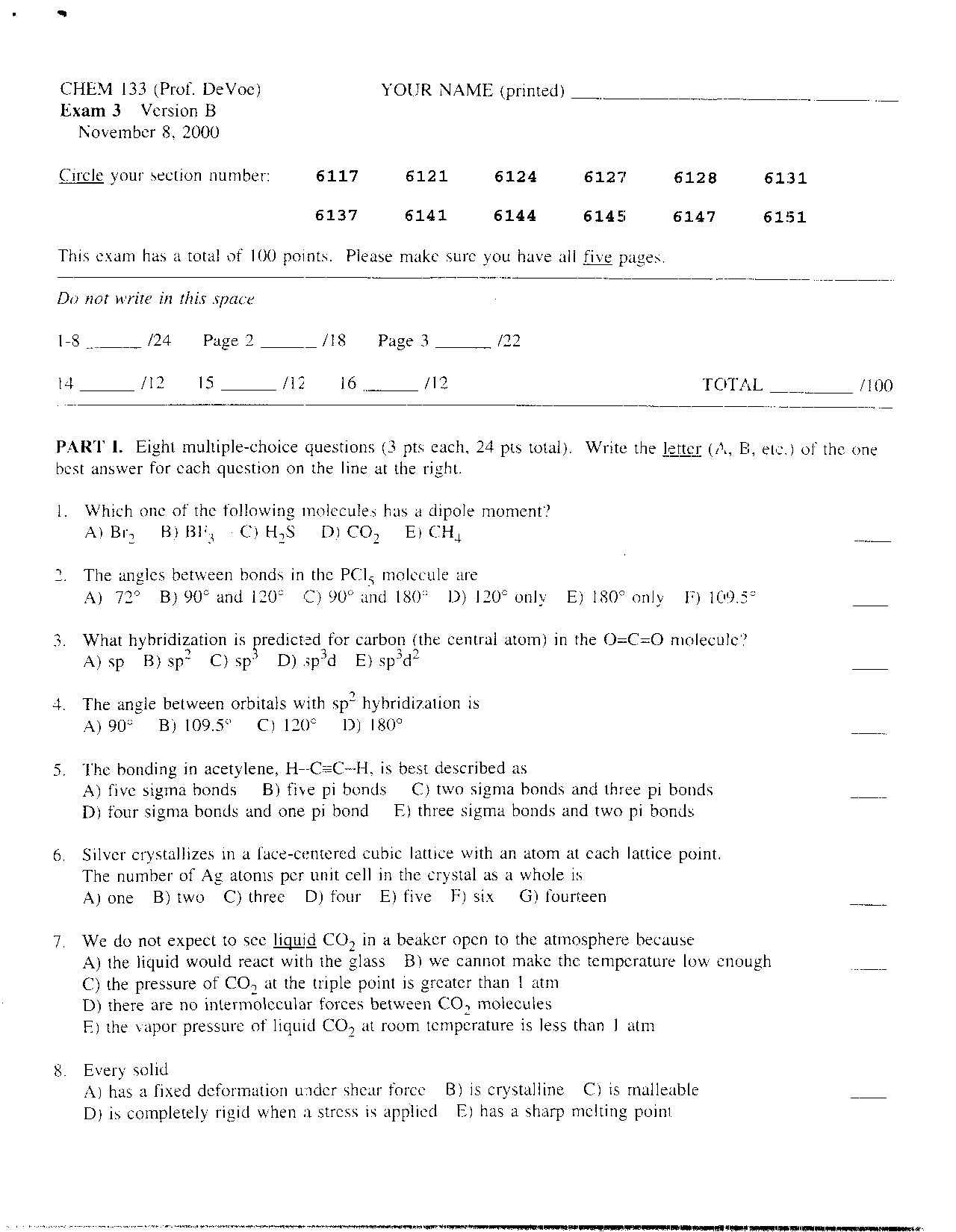 Practice Exam 3 General Chemistry For Engineers Chem 135 Docsity