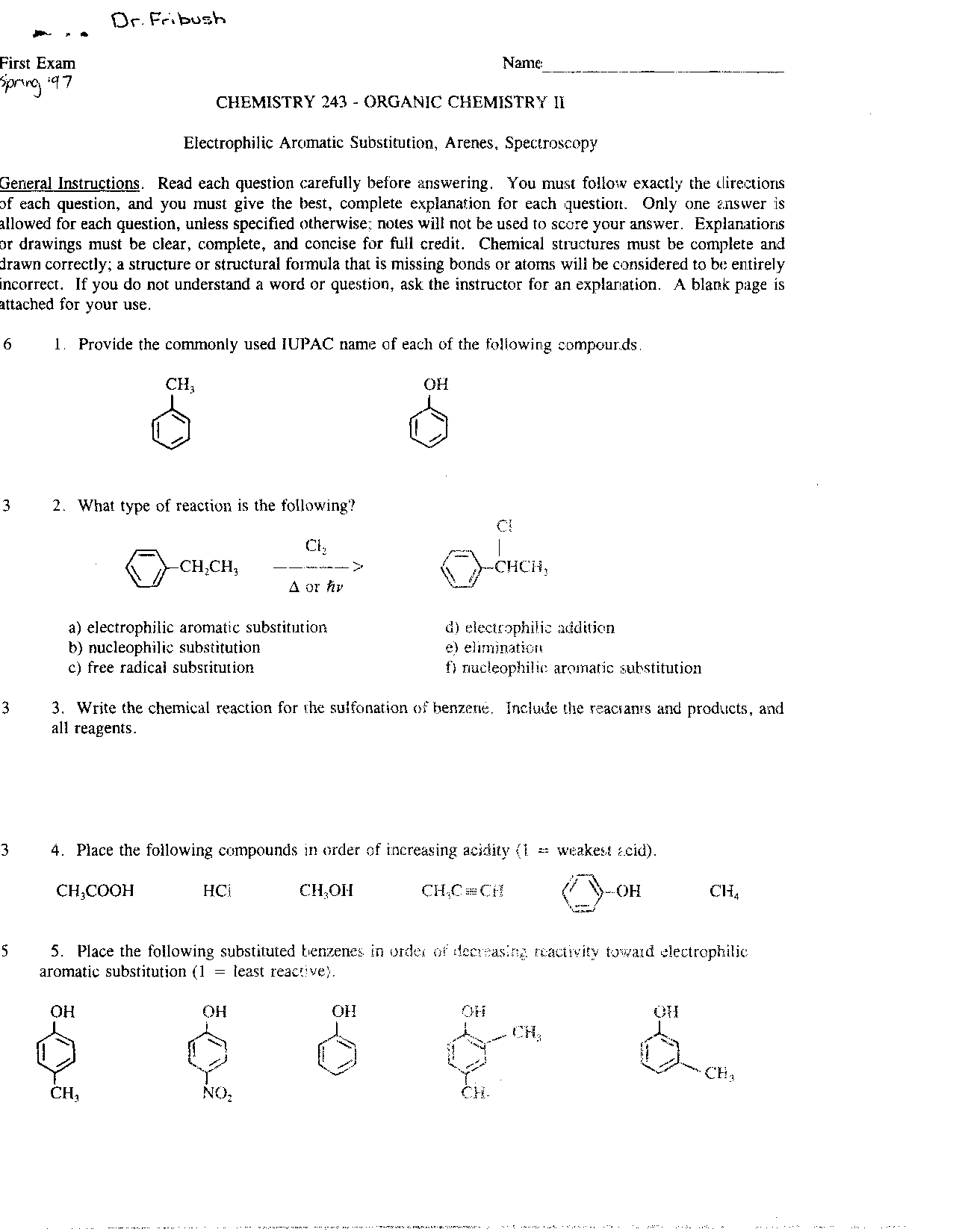 Questions for Test 1 - Organic Chemistry II | CHEM 241 - Docsity