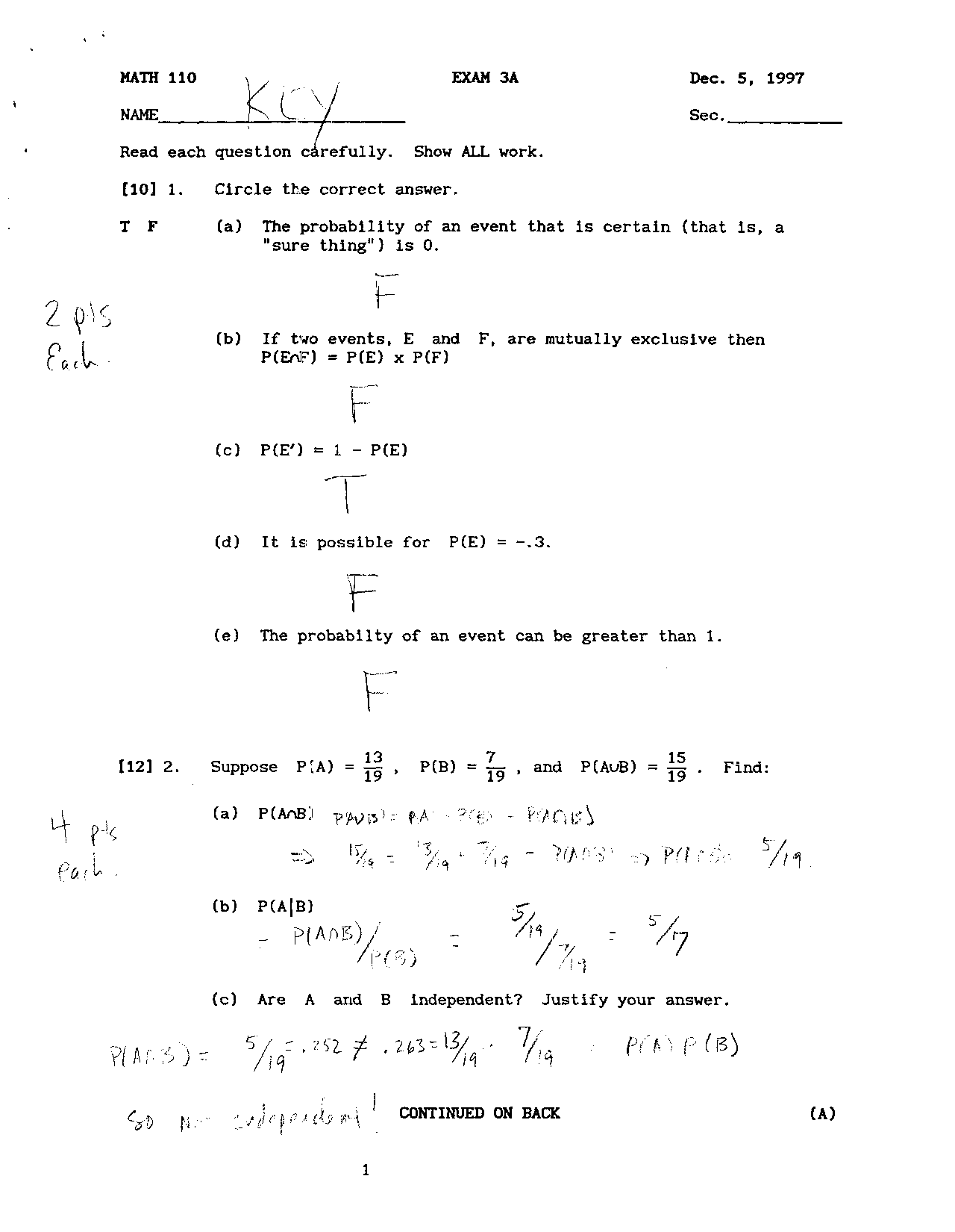 Exam 3a With Solution Elementary Mathematics Models Math 110 Docsity