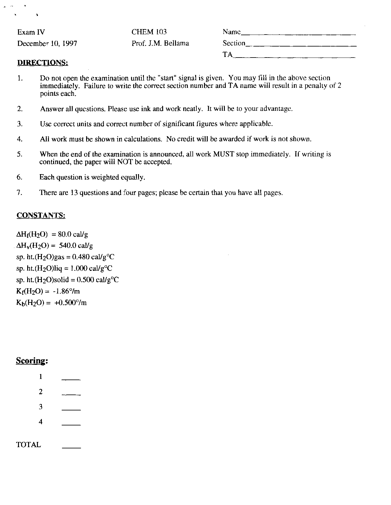 Exam 5 Questions On Chemistry Fundamental I Chem 131 Docsity
