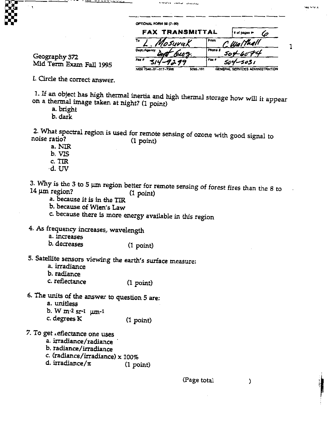 Midterm Exam Walthall Remote Sensing Geog 372 Docsity