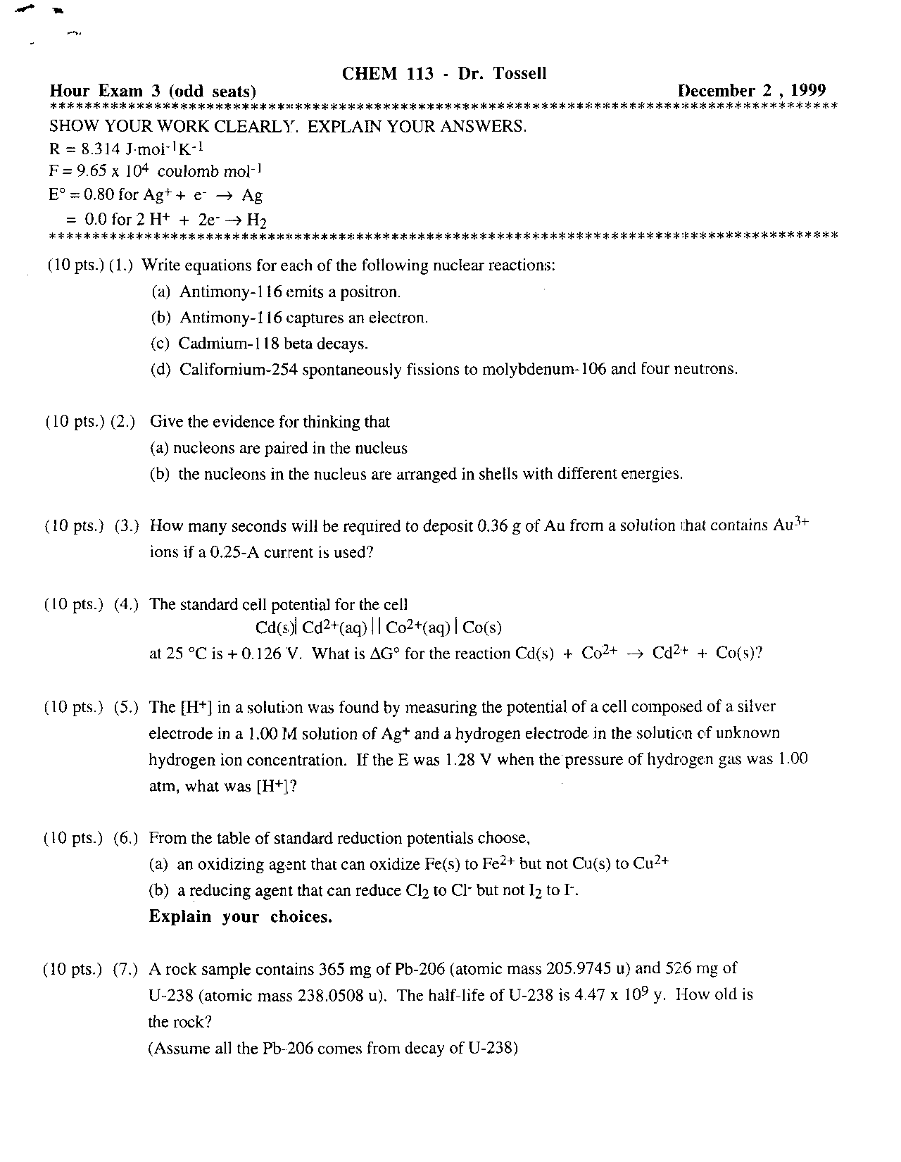 10 Problems In Examination 3 On Fundamentals Of Chemistry Ii Chem 271