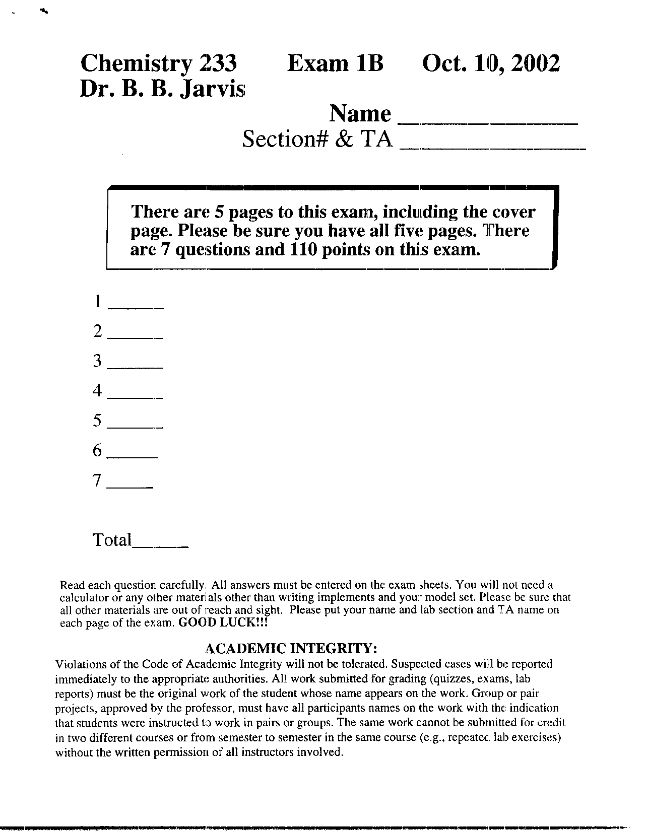 7 Solved Questions Examination 1 Chem 233 Docsity