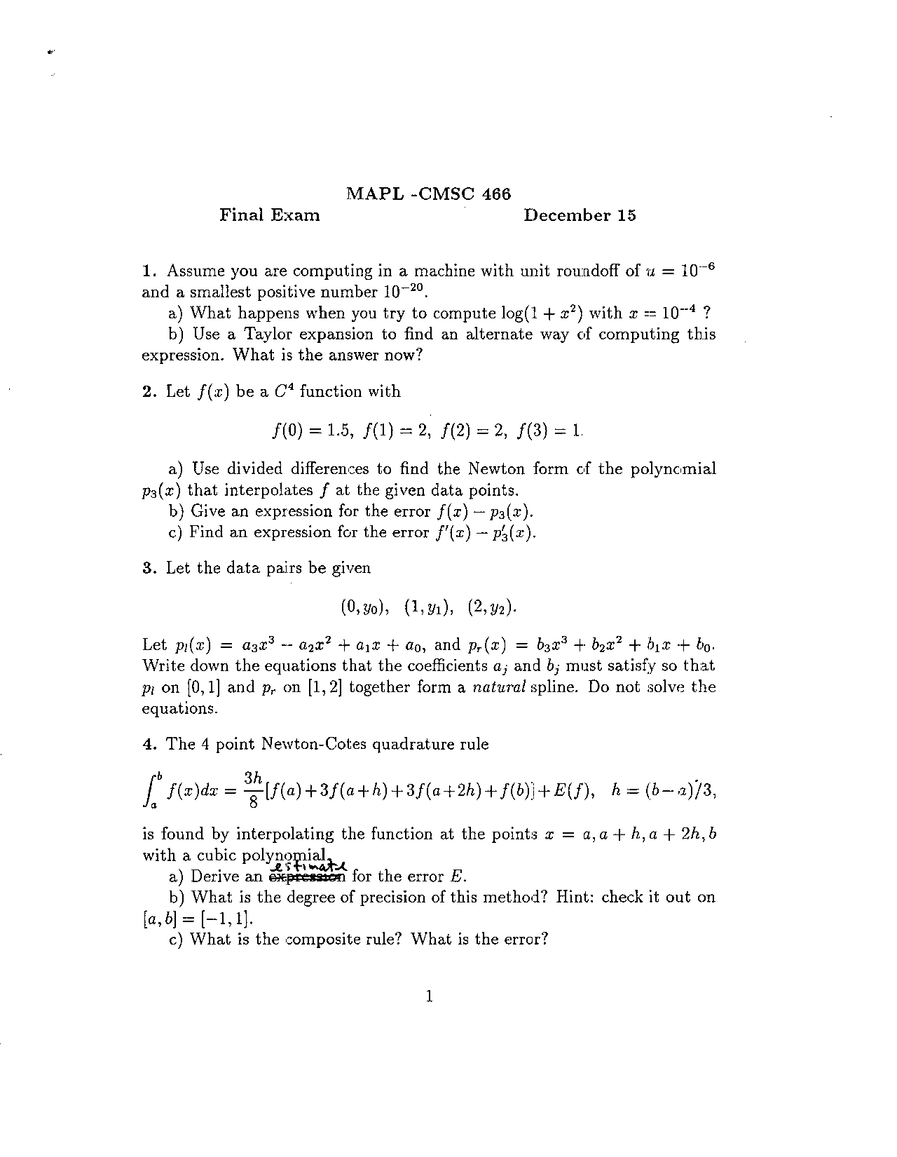 8 Questions For Final Exam Introduction To Numerical Analysis I