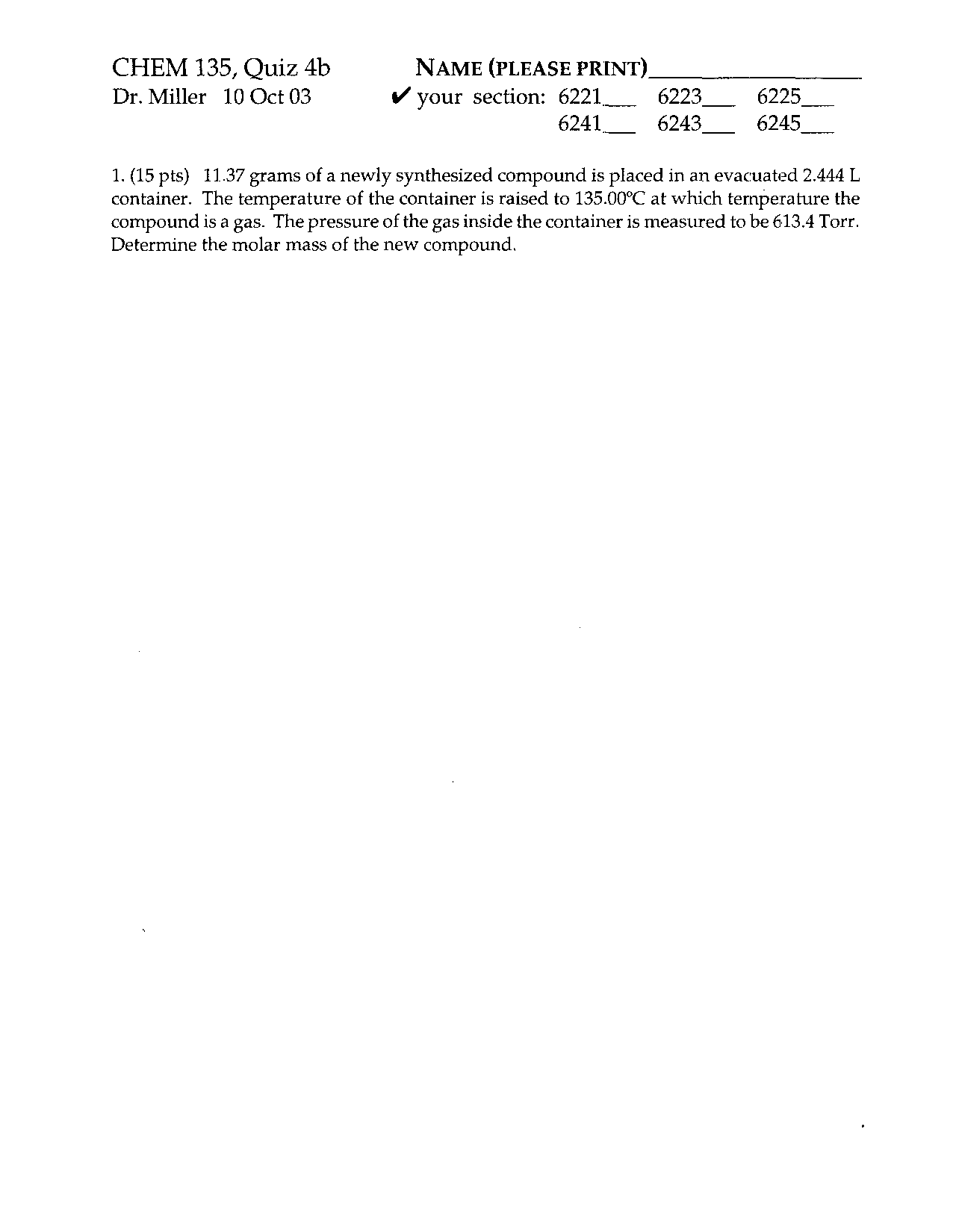 Problem On Chemical Fundamentals I Quiz 4b Chem 131 Docsity