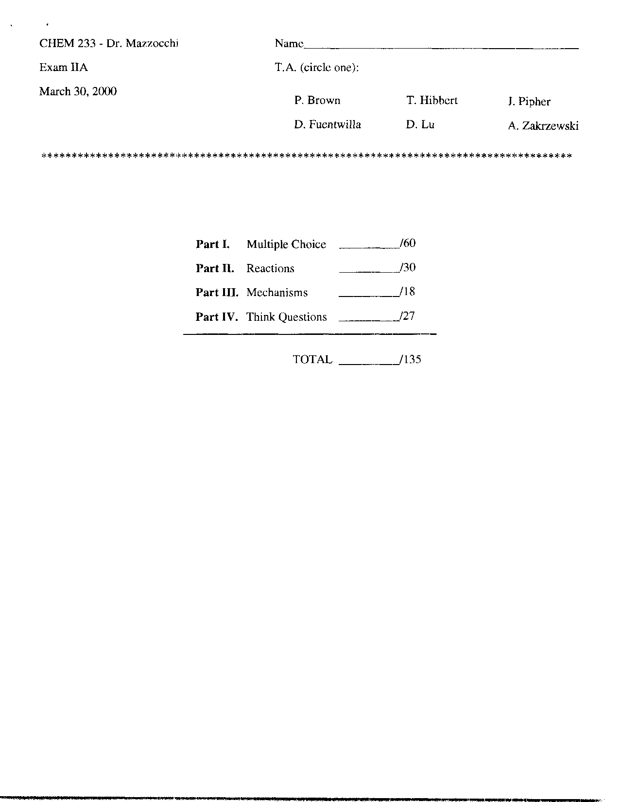 Exam 2 A with Multiple Choice - Organic Chemistry I | CHEM 231 - Docsity