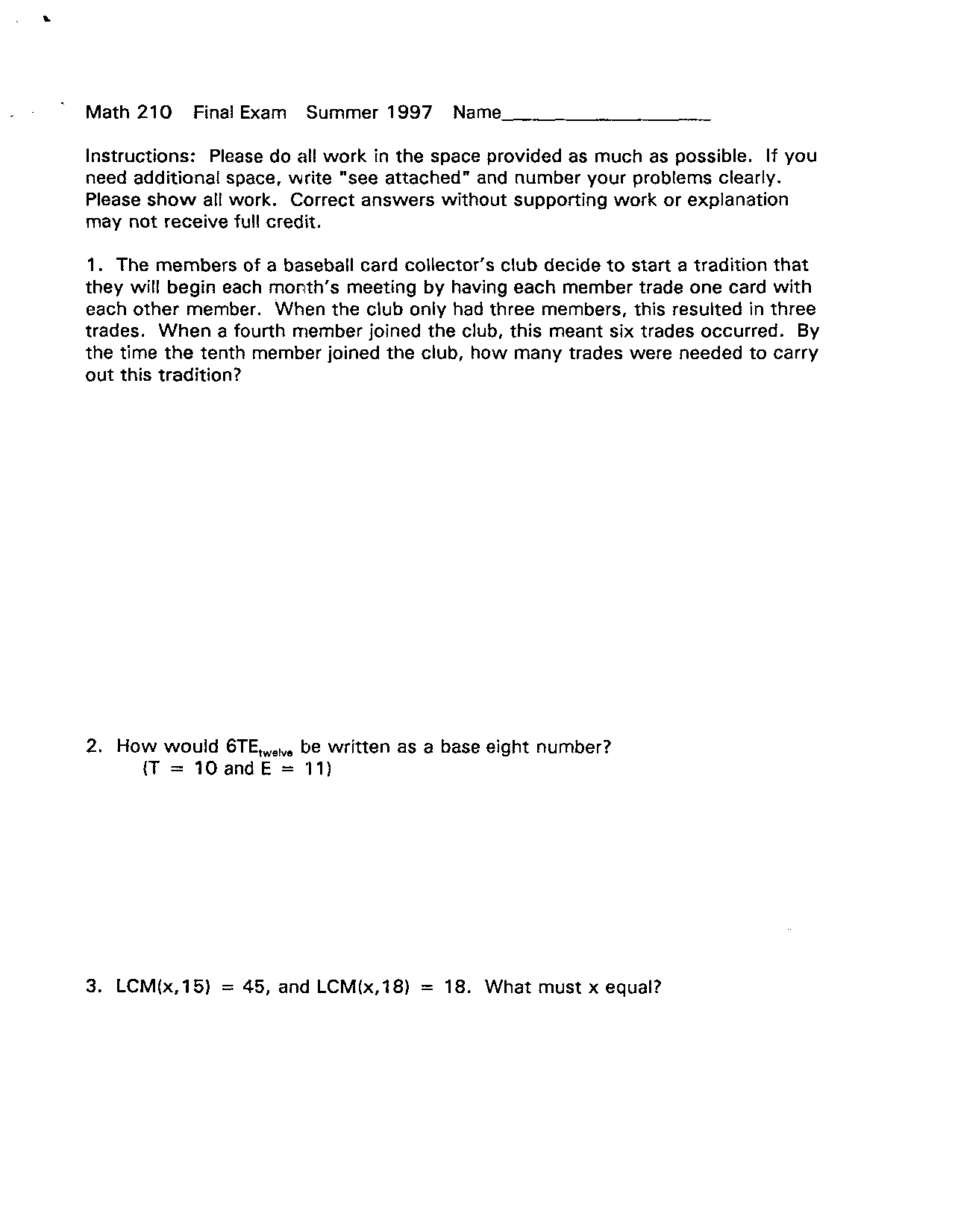 12 Problems On Elementary Numbers And Operations Final Exam Math