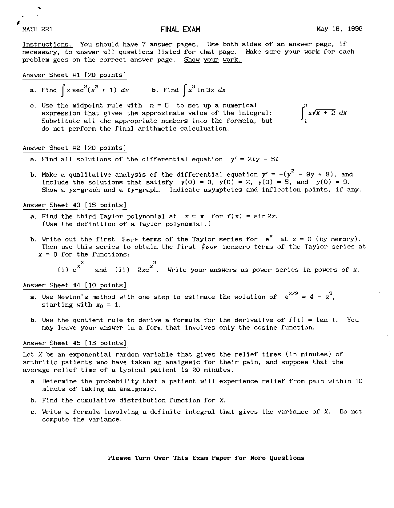 Elementary Calculus Ii Final Exam Questions Math 221 Docsity