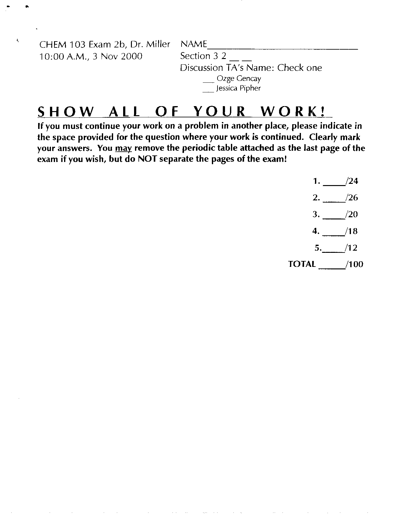 5 Questions Exam 2 Fundamental Chemistry Chem 131 Docsity