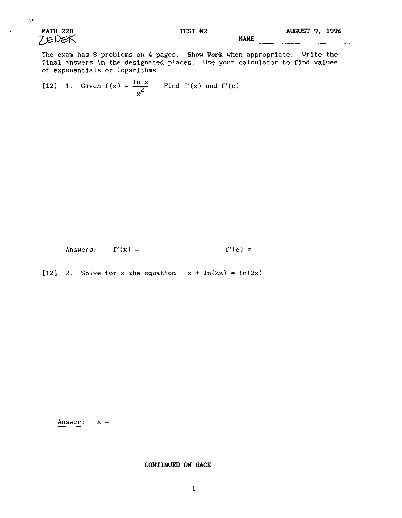 Derivative Questions for Exam 2 - Elementary Calculus I | MATH 220 ...