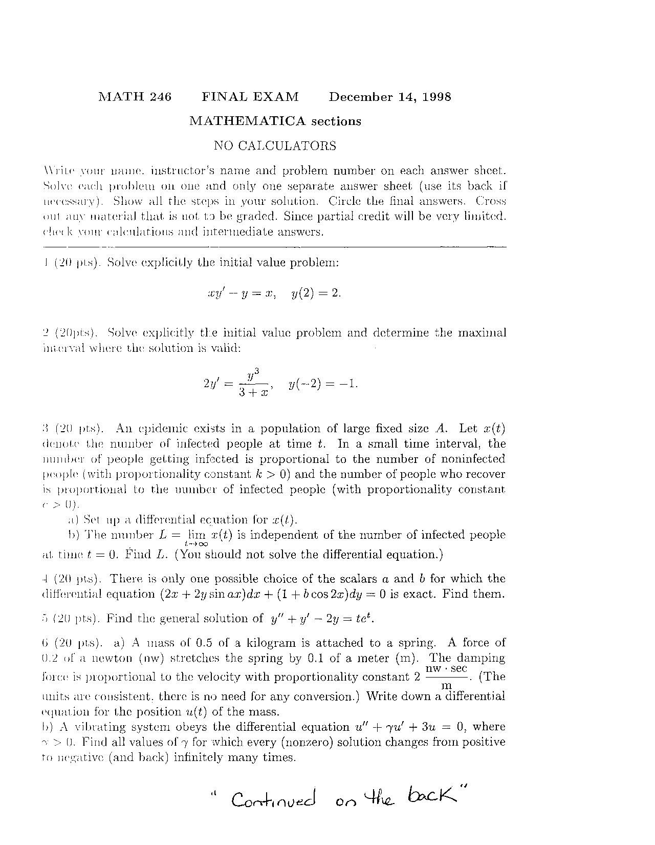 Final Exam Questions Differential Equations For Engineers And