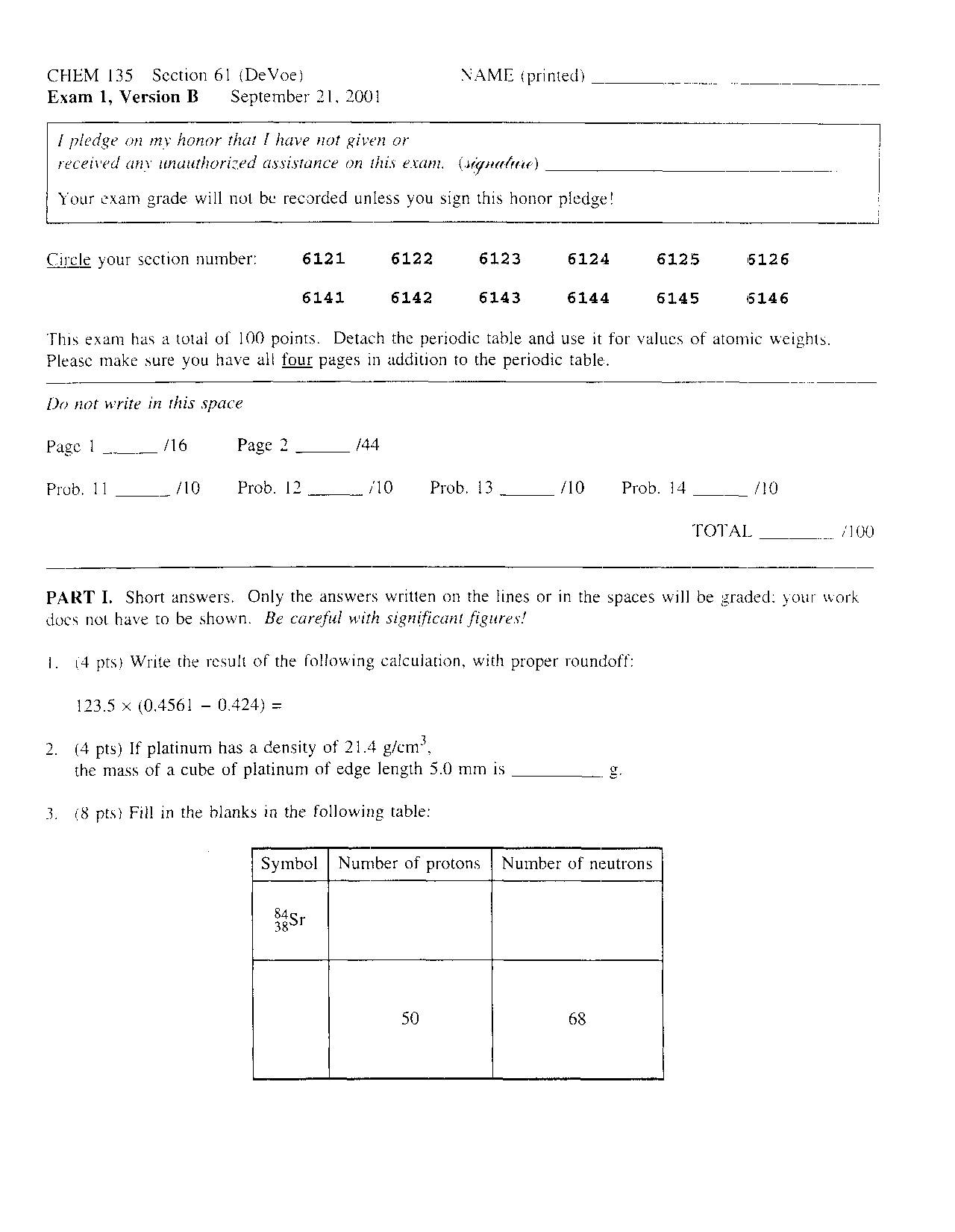 General Chemistry For Engineers Test Paper Chem 135 Docsity