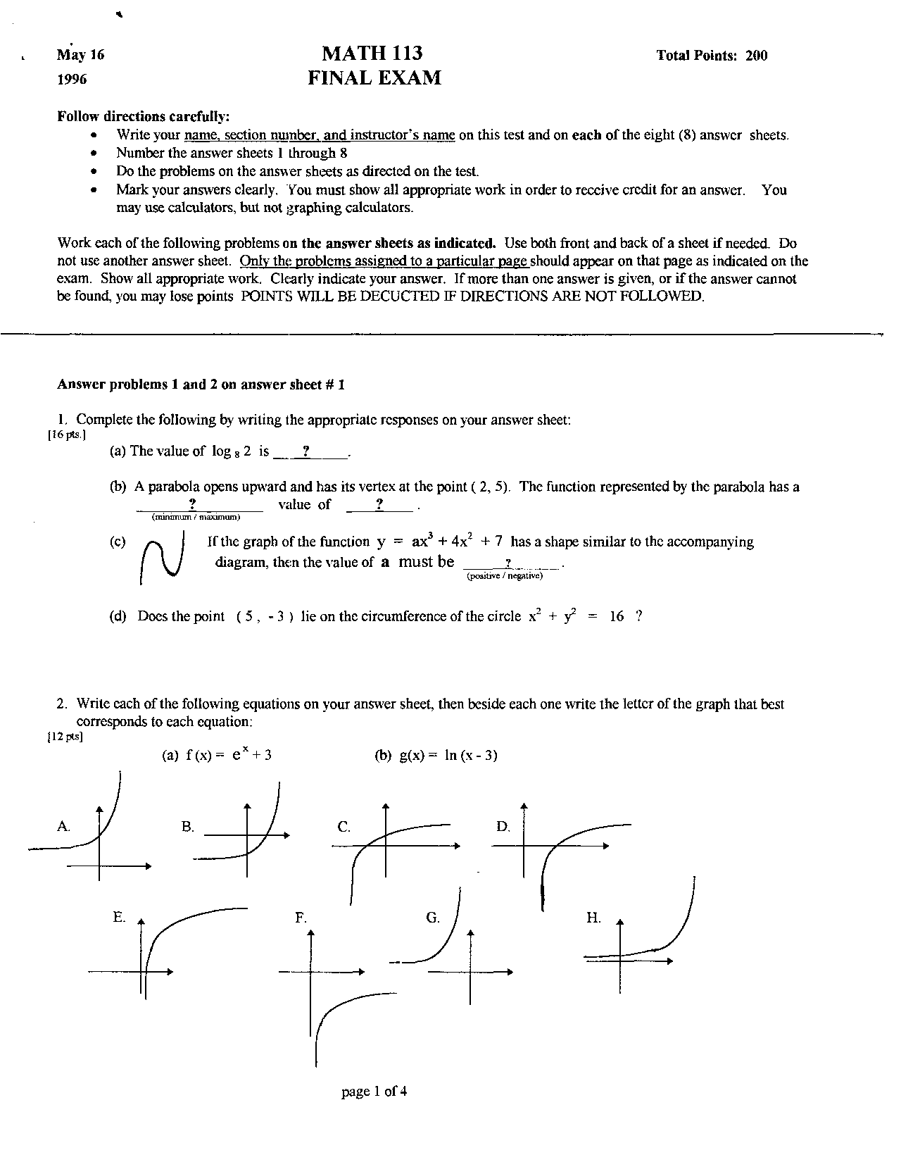 1996 MATH 113 Final Exam | Exams Algebra | Docsity
