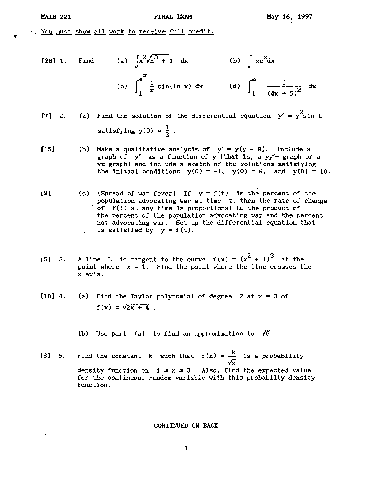 Elementary Calculus Ii Final Exam With7 Questions Math 221 Docsity
