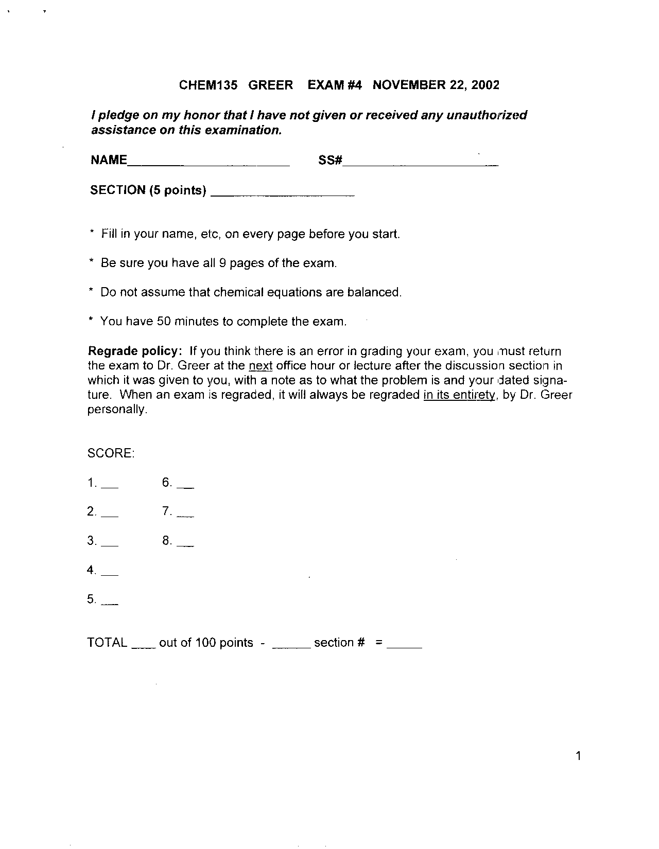 Exam 4 General Chemistry For Engineers Chem 135 Docsity