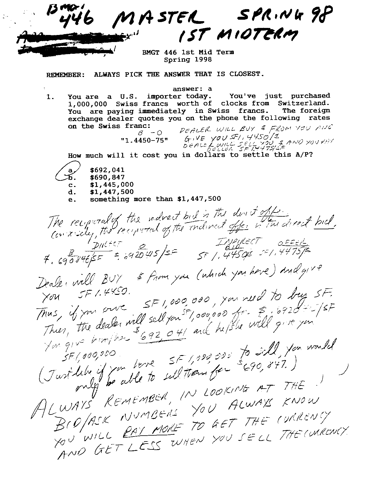 First Midterm Exam International Finance Spring 1998 Bmgt 446