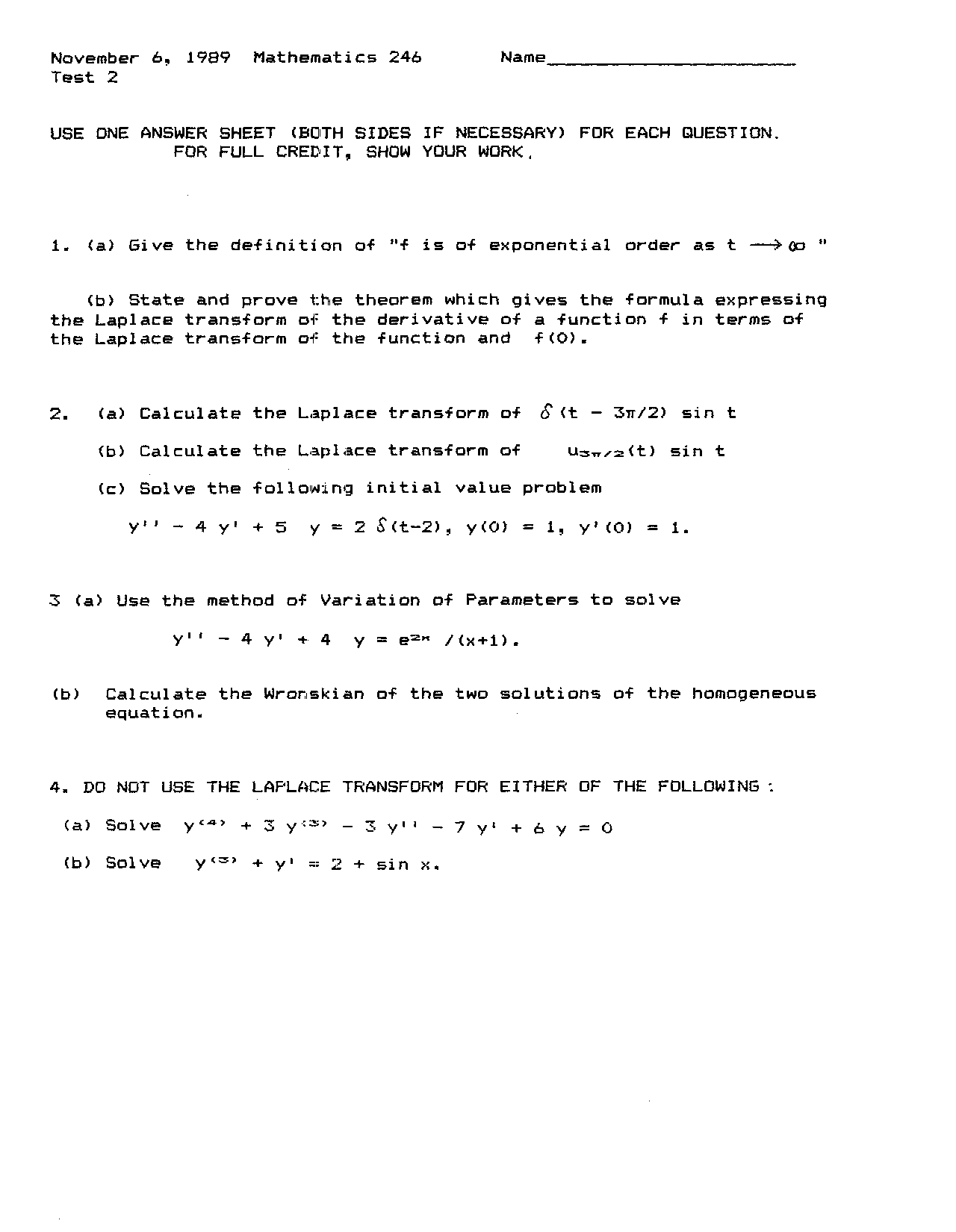 4 Questions Test 2 Differential Equations For Engineers And