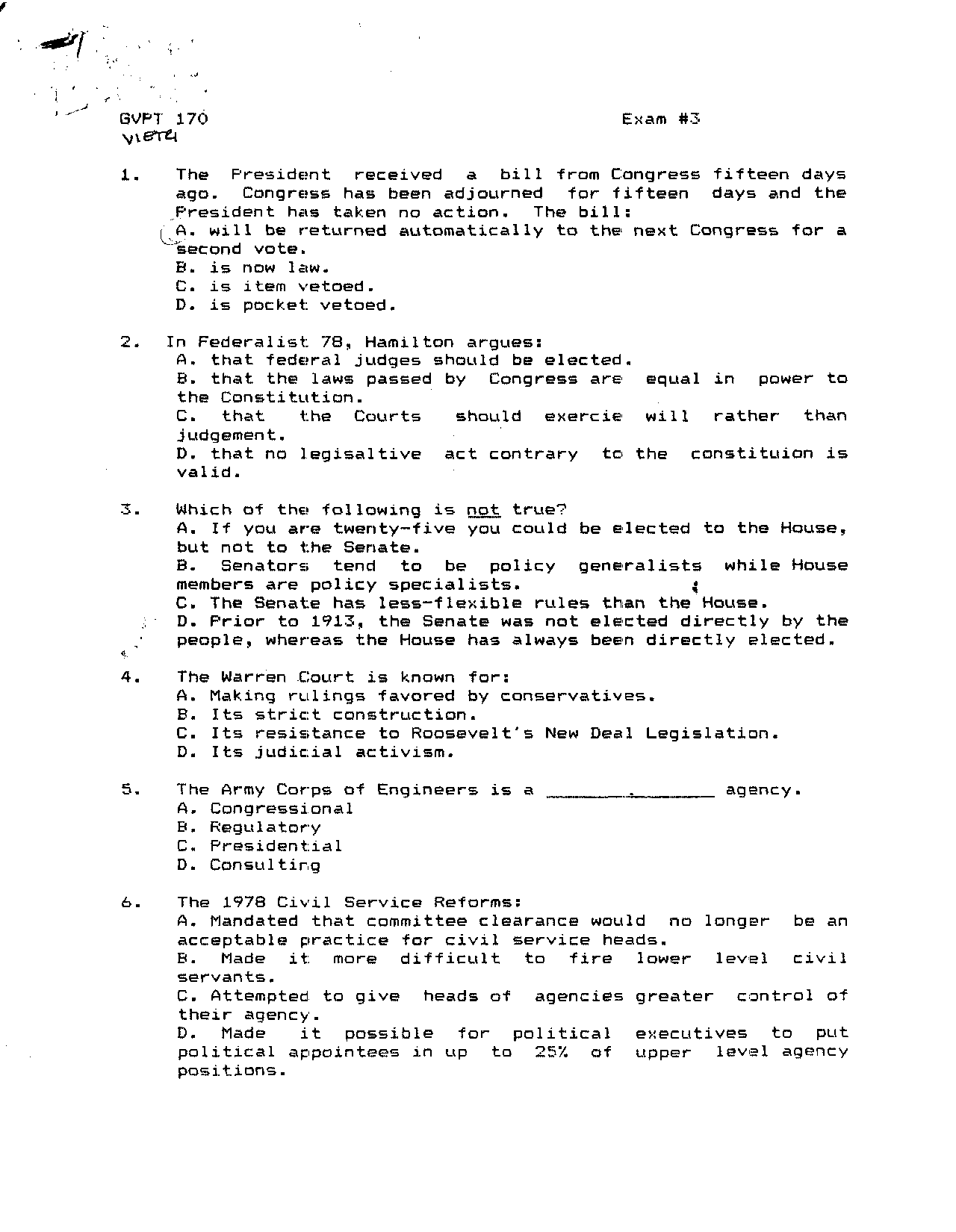 32 Multiple Choice Questions For Exam 3 American Government Gvpt