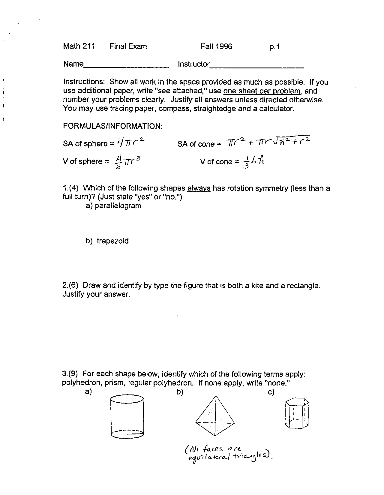 Final Exam With 21 Questions Elements Geometry And Measurement Math