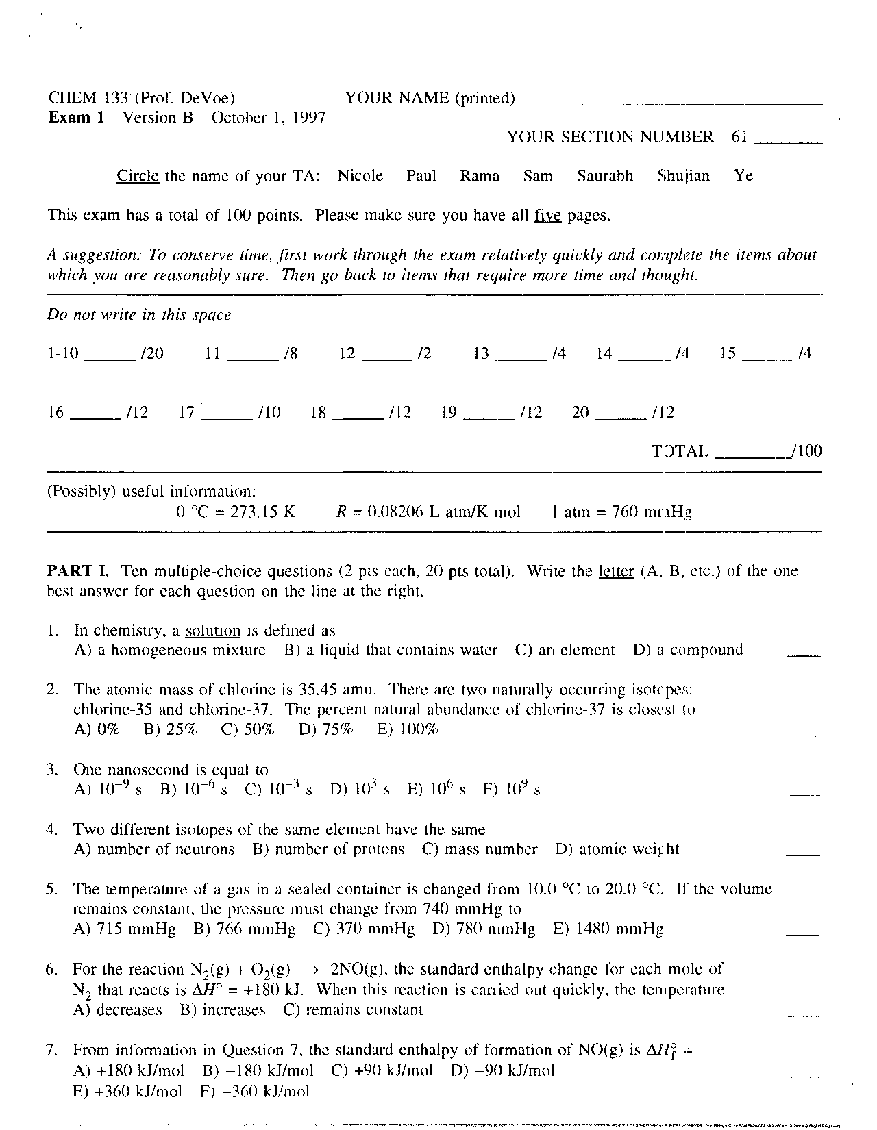Exam 1 Version B General Chemistry For Engineers Chem 135 Docsity