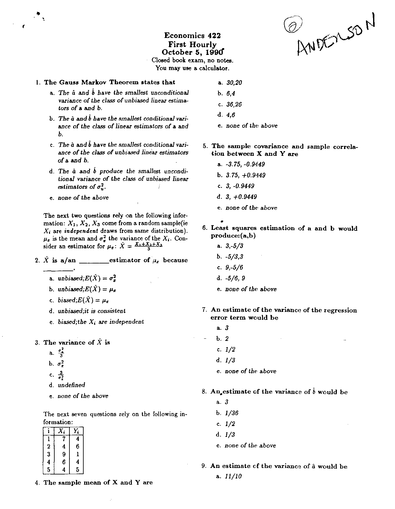 Exam 1 with Multiple Choice Questions - Econometrics - 1990 | ECON 422 - Docsity